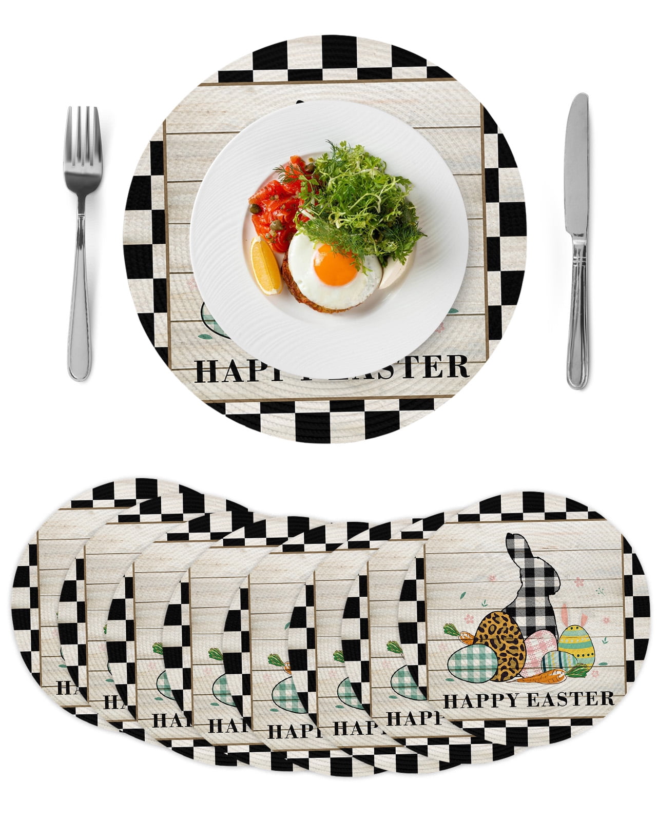 Happy Easter Round Table Placemats set of 8, Vintage Farm Check Plaid ...