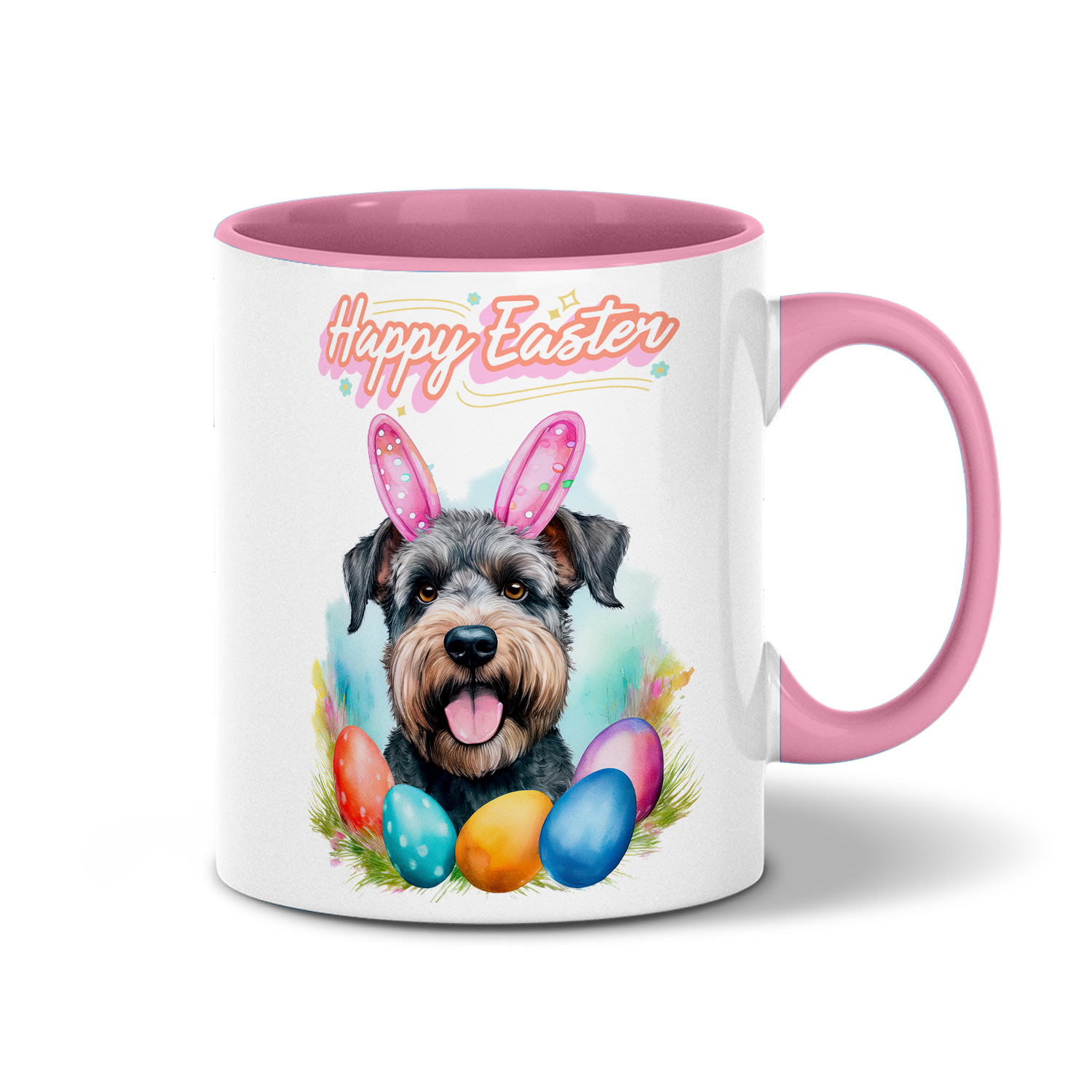 Happy Easter Schnauzer with Bunny Ear Headband and Flowers 11oz Accent ...