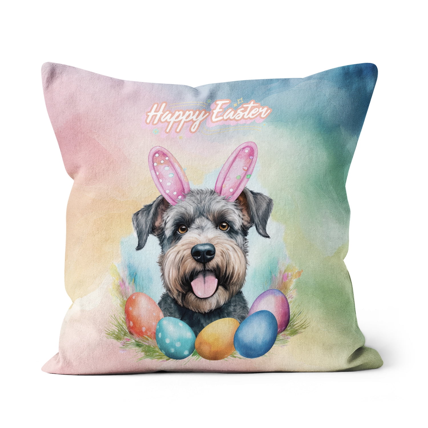 Happy Easter Schnauzer with Bunny Ear Headband and Flowers Pillow ...