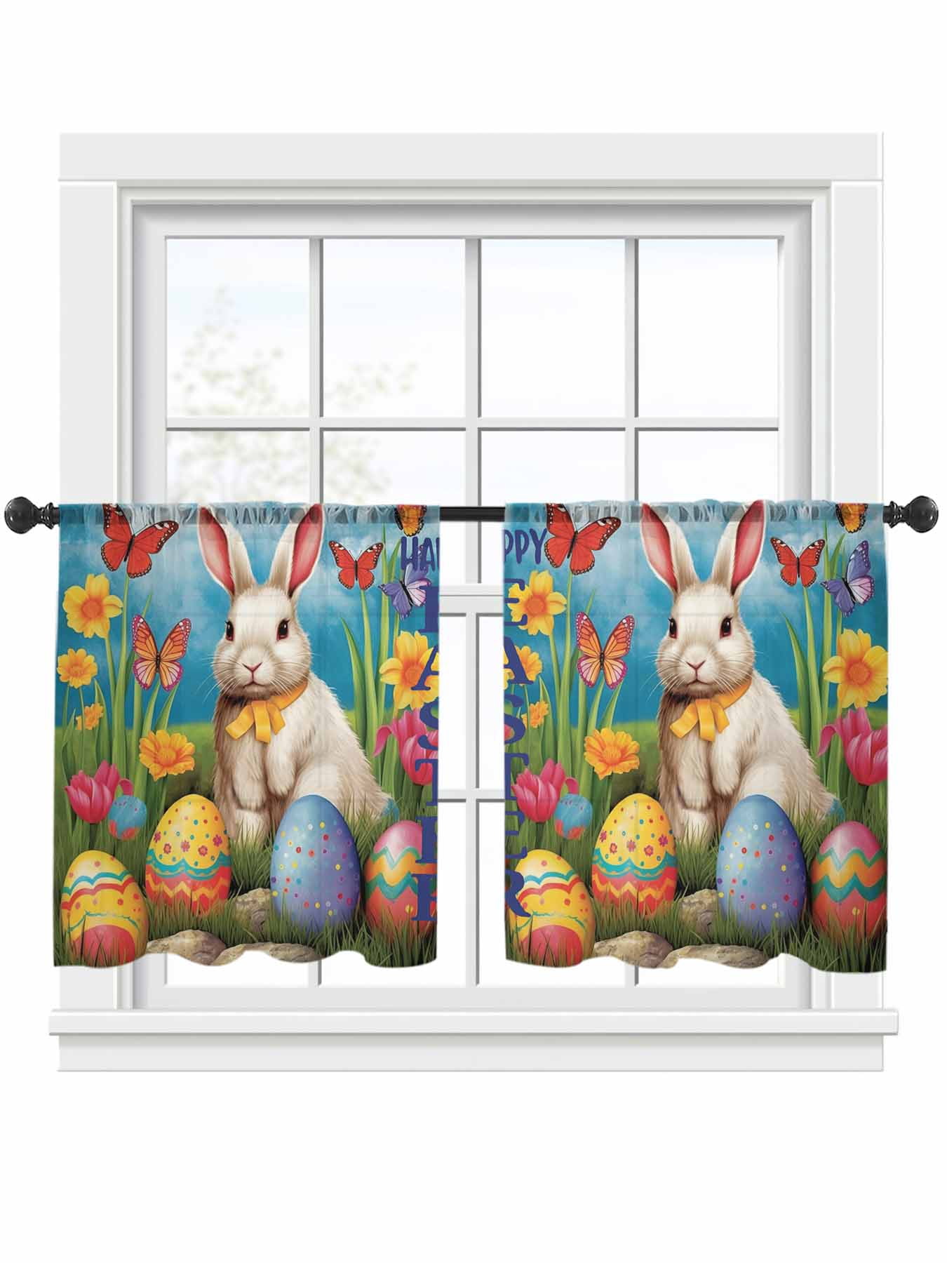 Happy Easter Sheer Curtains 2 Panels Set Bunny Rabbit Eggs Spring ...
