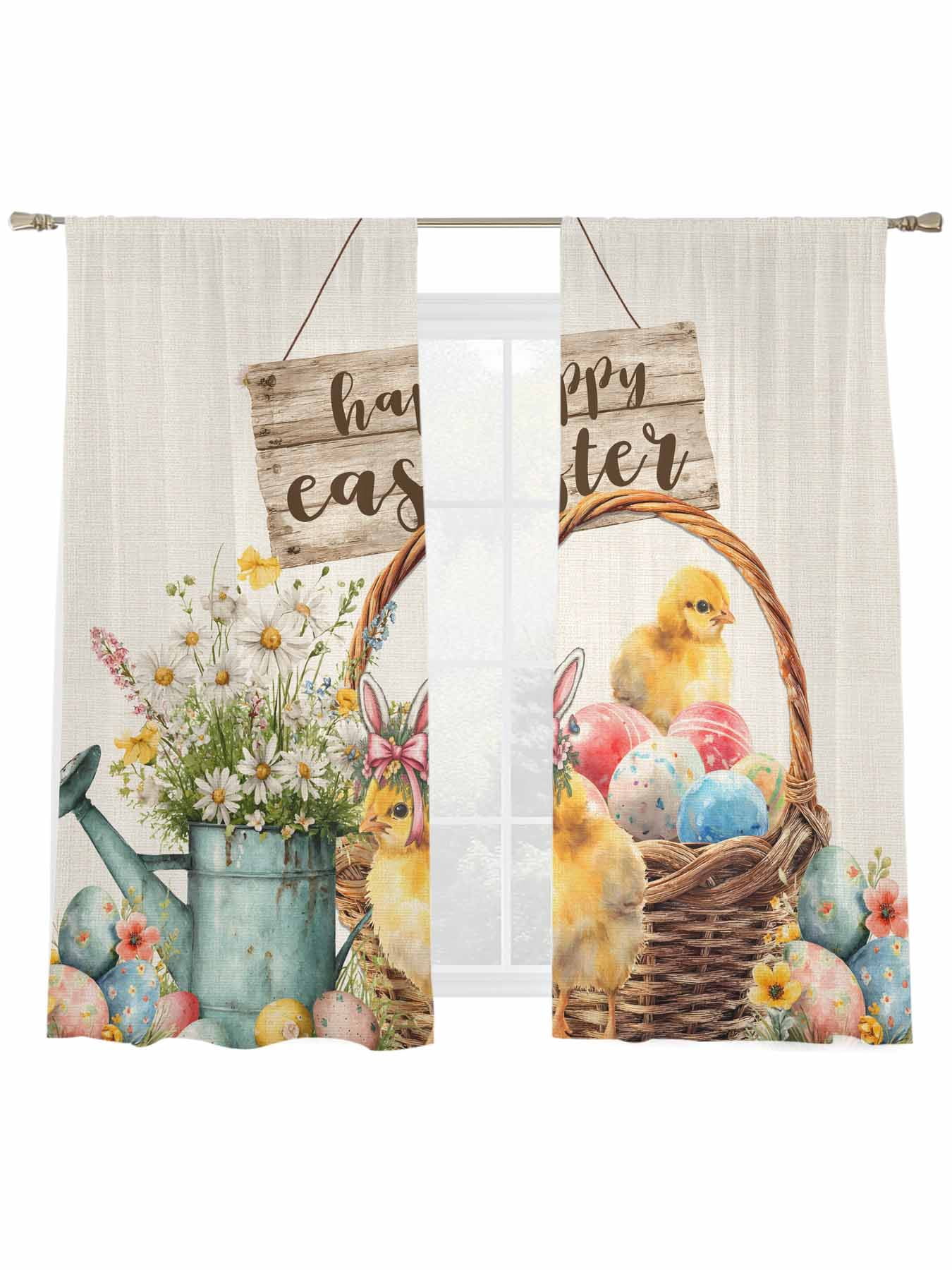 Happy Easter Sheer Curtains 2 Panels Set Spring Basket Eggs Chicken ...