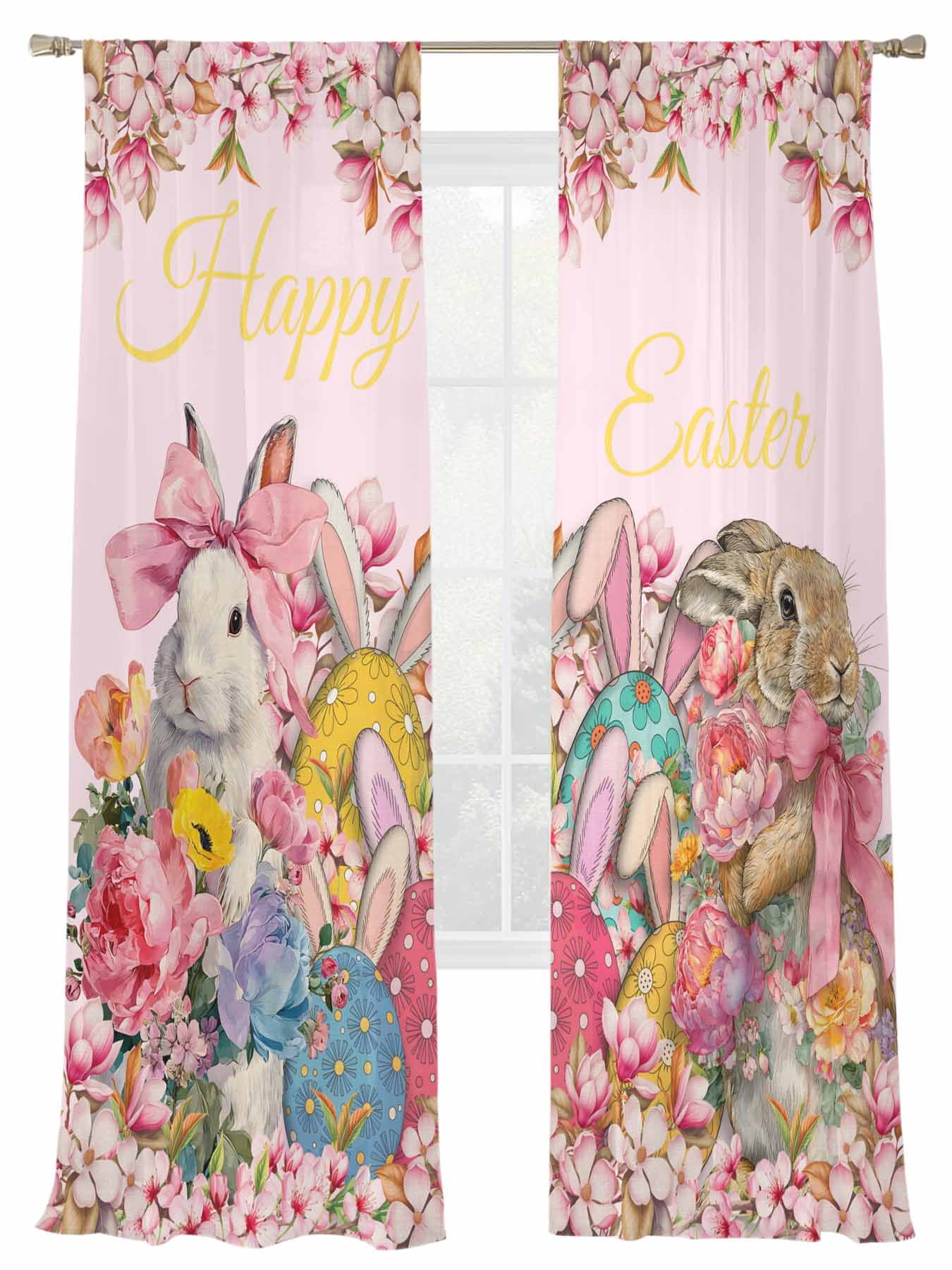 Happy Easter Sheer Curtains 2 Panels Set Spring Bowknot Rabbits Flowers ...