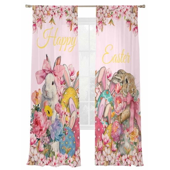 Happy Easter Sheer Curtains 2 Panels Set Spring Bowknot Rabbits Flowers ...