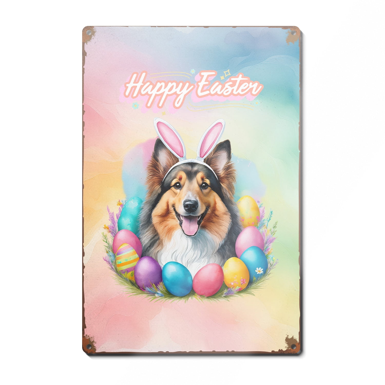 Happy Easter Shetland Sheepdog with Bunny Ear Headband and Flowers ...