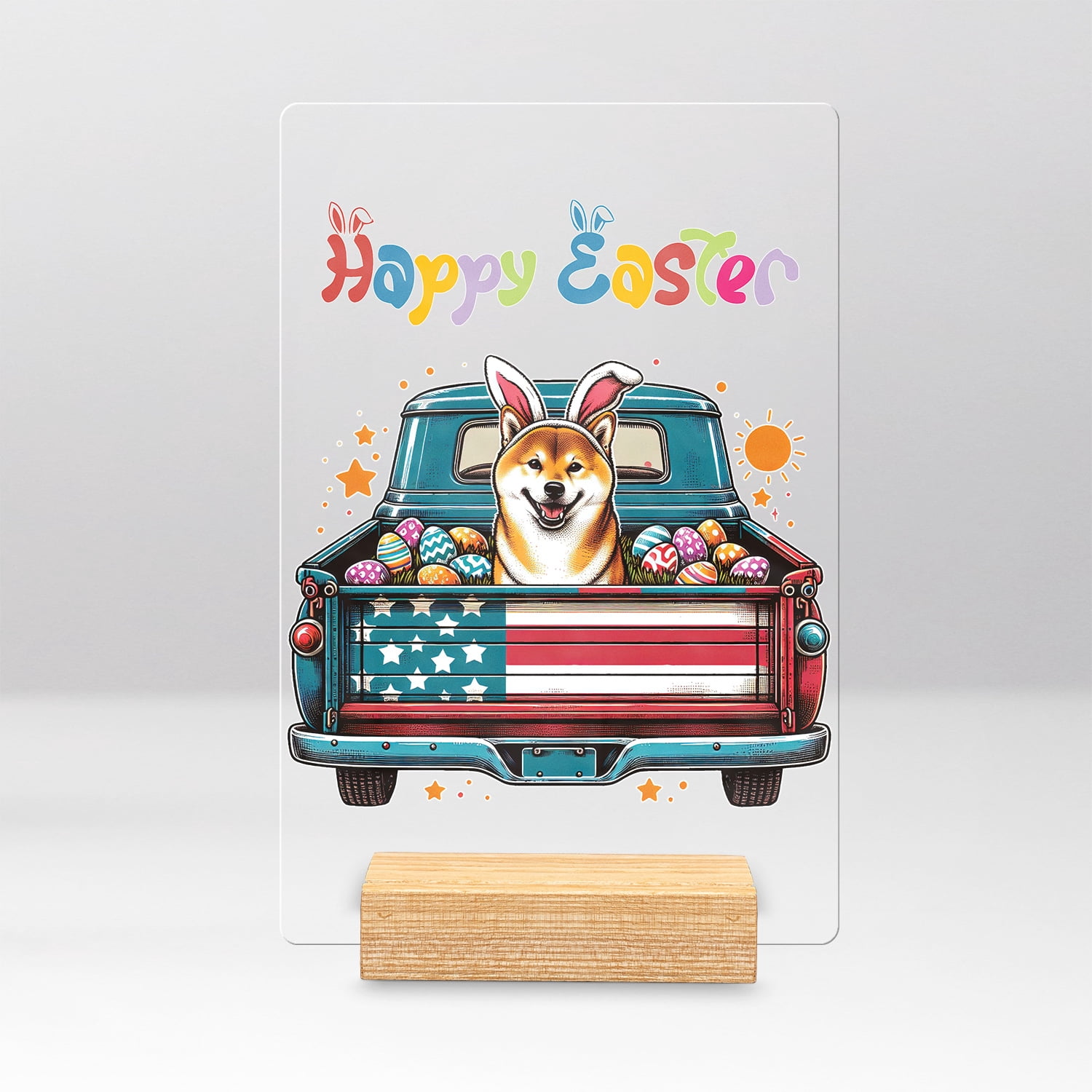 Happy Easter Shiba Inu American Flag Truck Bunny Ears Acrylic Plaque ...