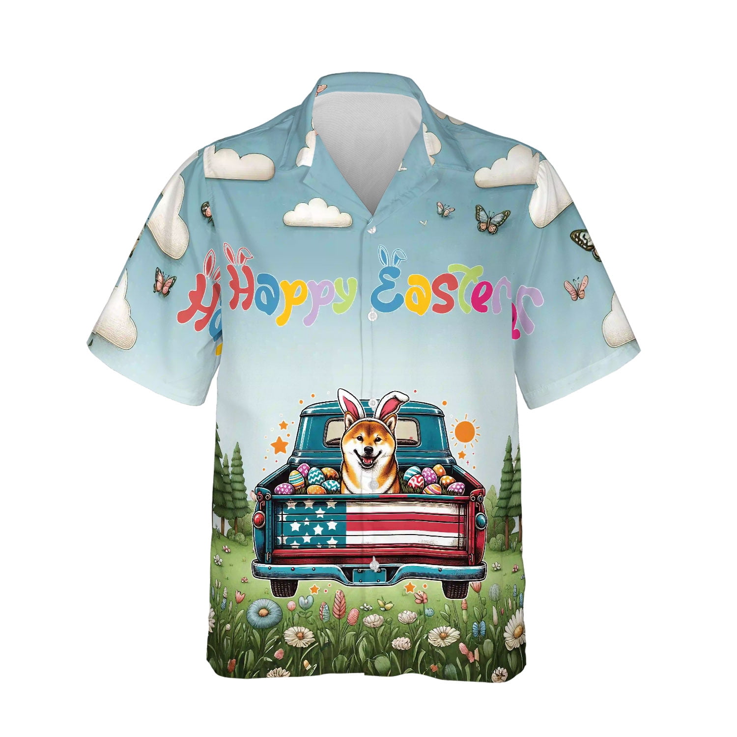 Happy Easter Shiba Inu American Flag Truck Bunny Ears Hawaiian Shirt ...