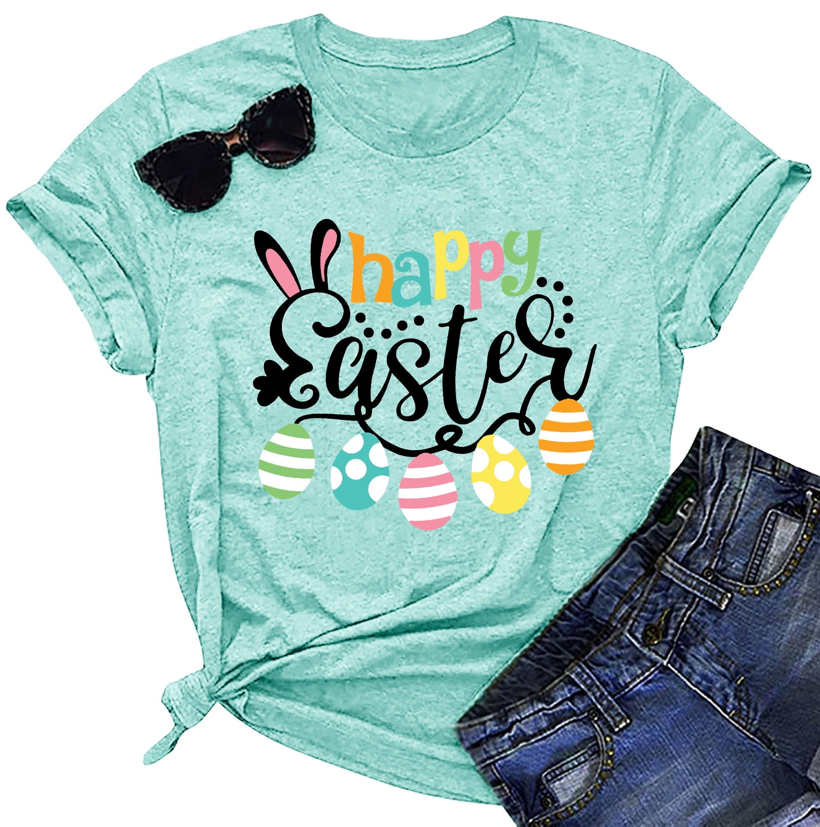 Happy Easter Shirts for Women Easter Bunny T-Shirt Rabbit Graphic Tees Easter Egg Holiday Shirt ...