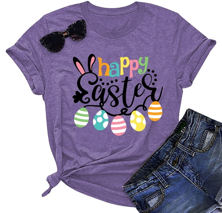 Happy Easter Shirts for Women Easter Bunny T-Shirt Rabbit Graphic Tees ...