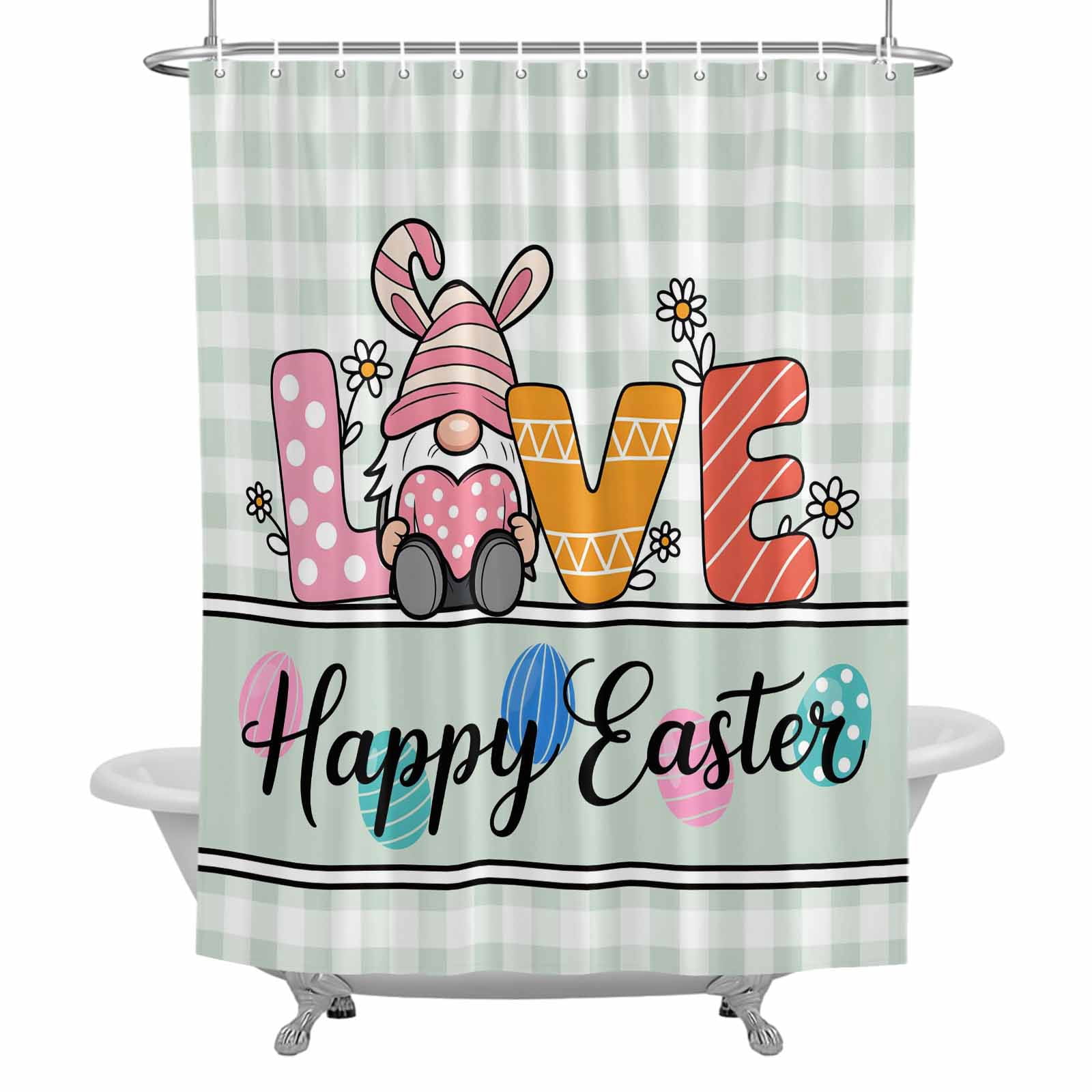 Happy Easter Shower Curtain for Bathroom, Cute LOVE Gnome Dasiy Eggs ...