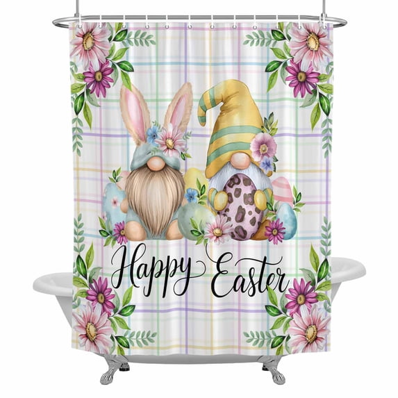 Happy Easter Shower Curtain for Bathroom, Gnome Rabbit Ear Pink Daisy ...