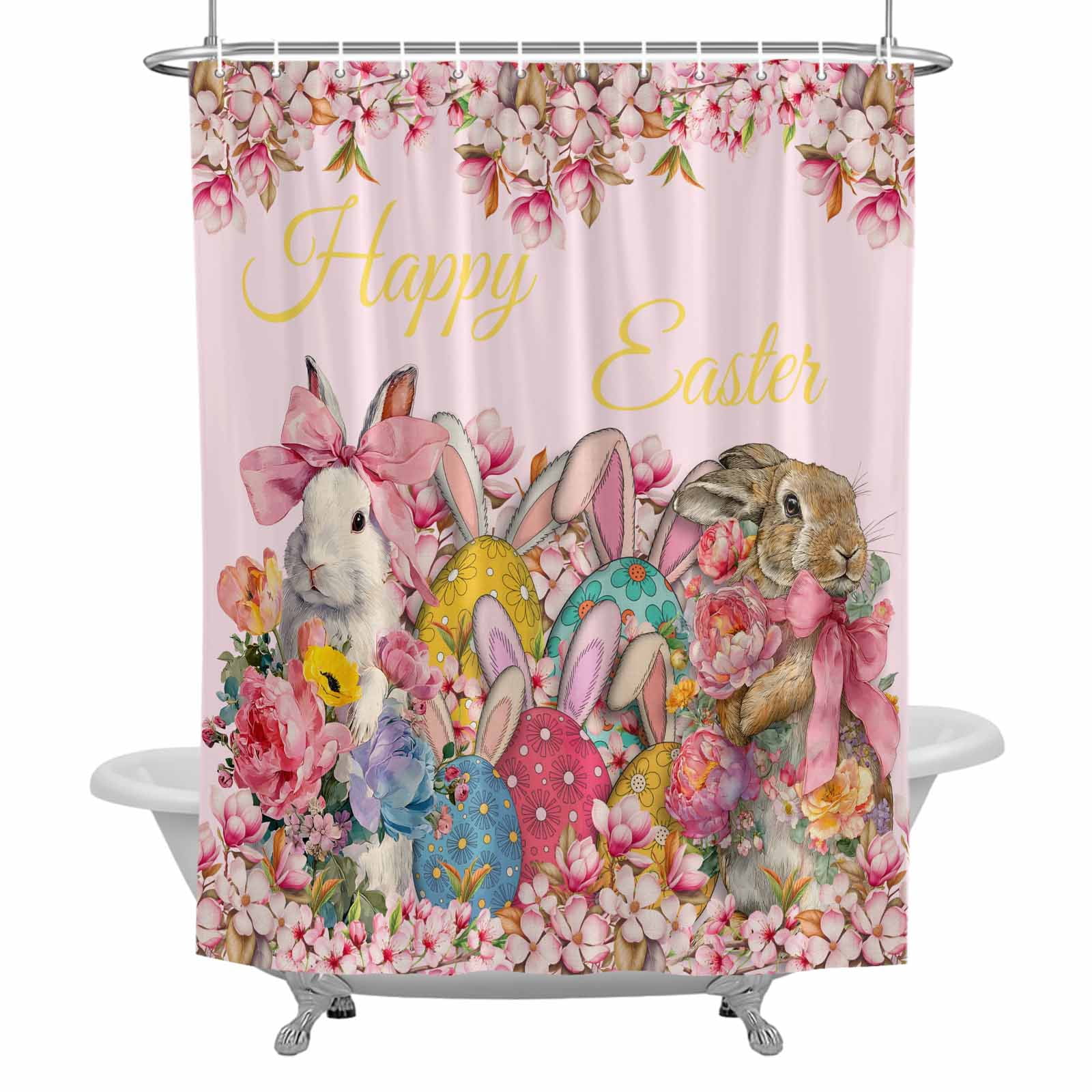 Happy Easter Shower Curtain for Bathroom, Spring Bowknot Rabbits ...