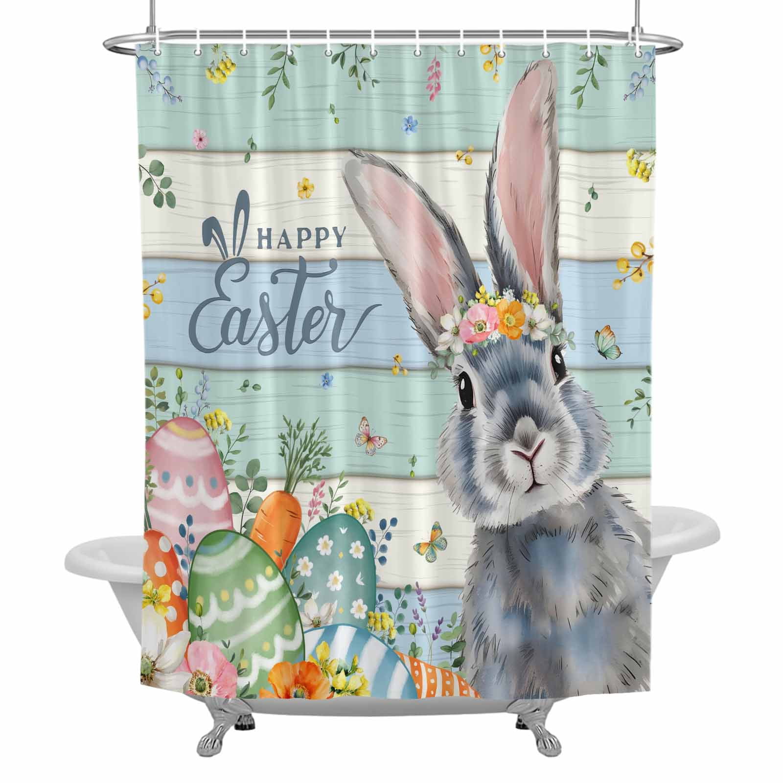 Happy Easter Shower Curtain for Bathroom, Spring Floral Rabbit Colored ...