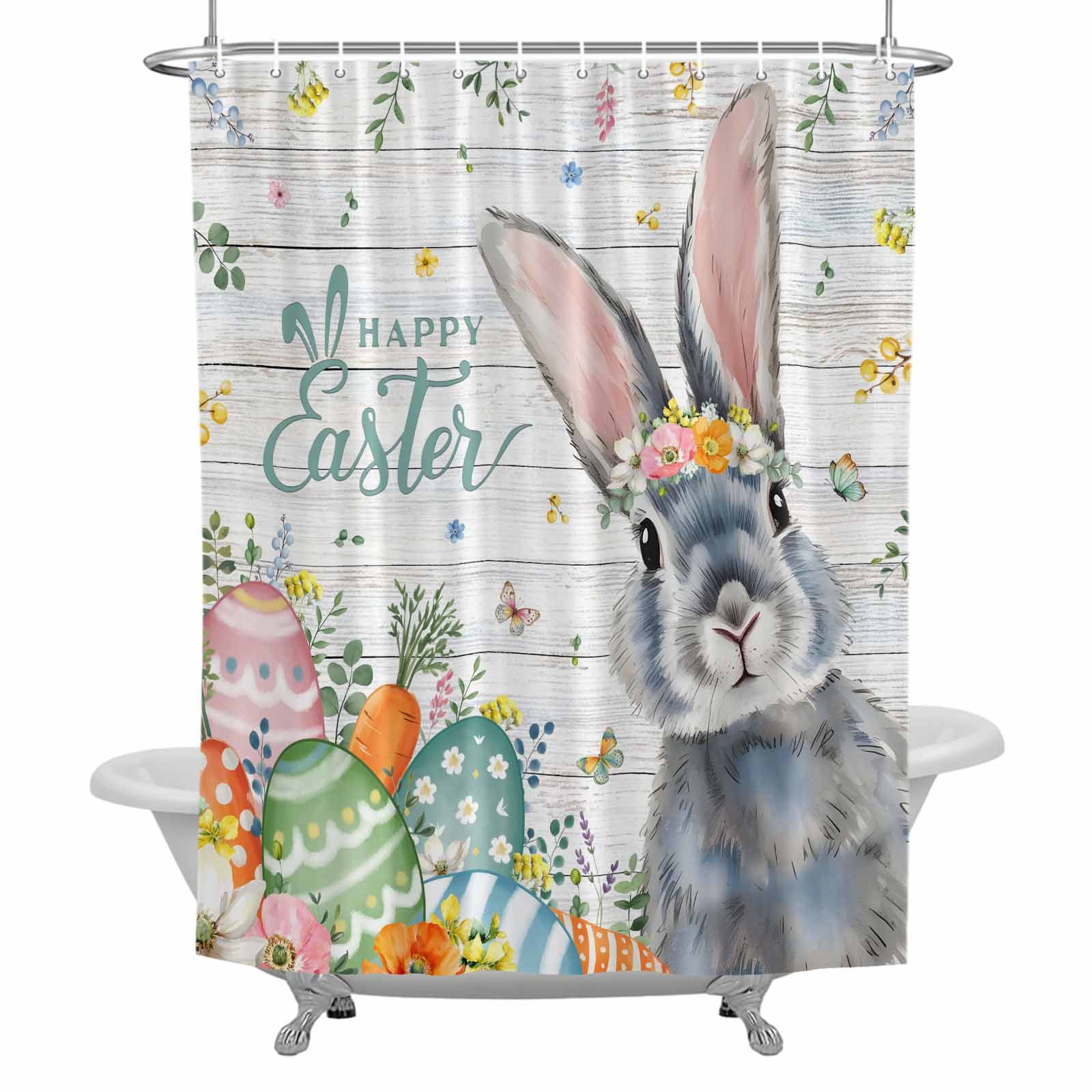 Happy Easter Shower Curtain for Bathroom, Spring Floral Rabbit Colored ...