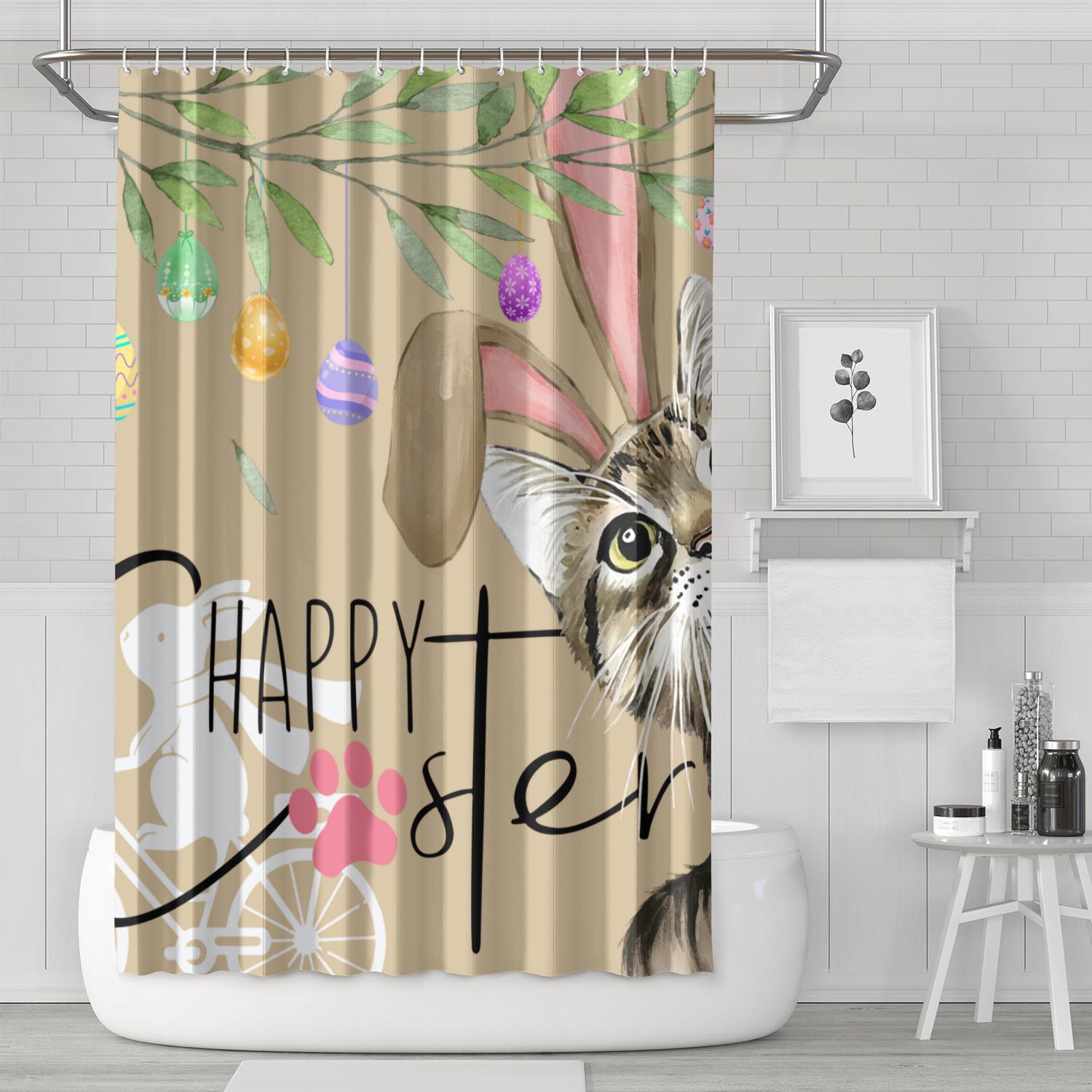 Happy Easter Shower Curtain, Easter Cat Bunny Shower Curtains for ...