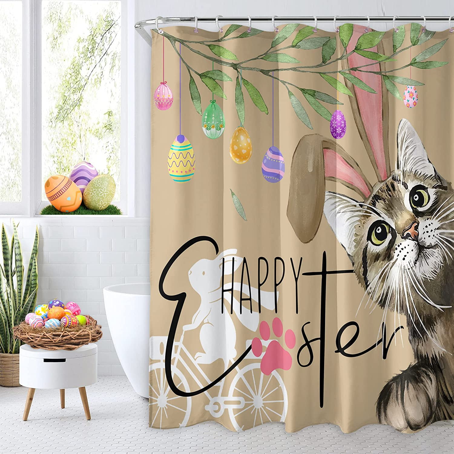 Happy Easter Shower Curtain, Easter Cat Bunny Shower Curtains for ...