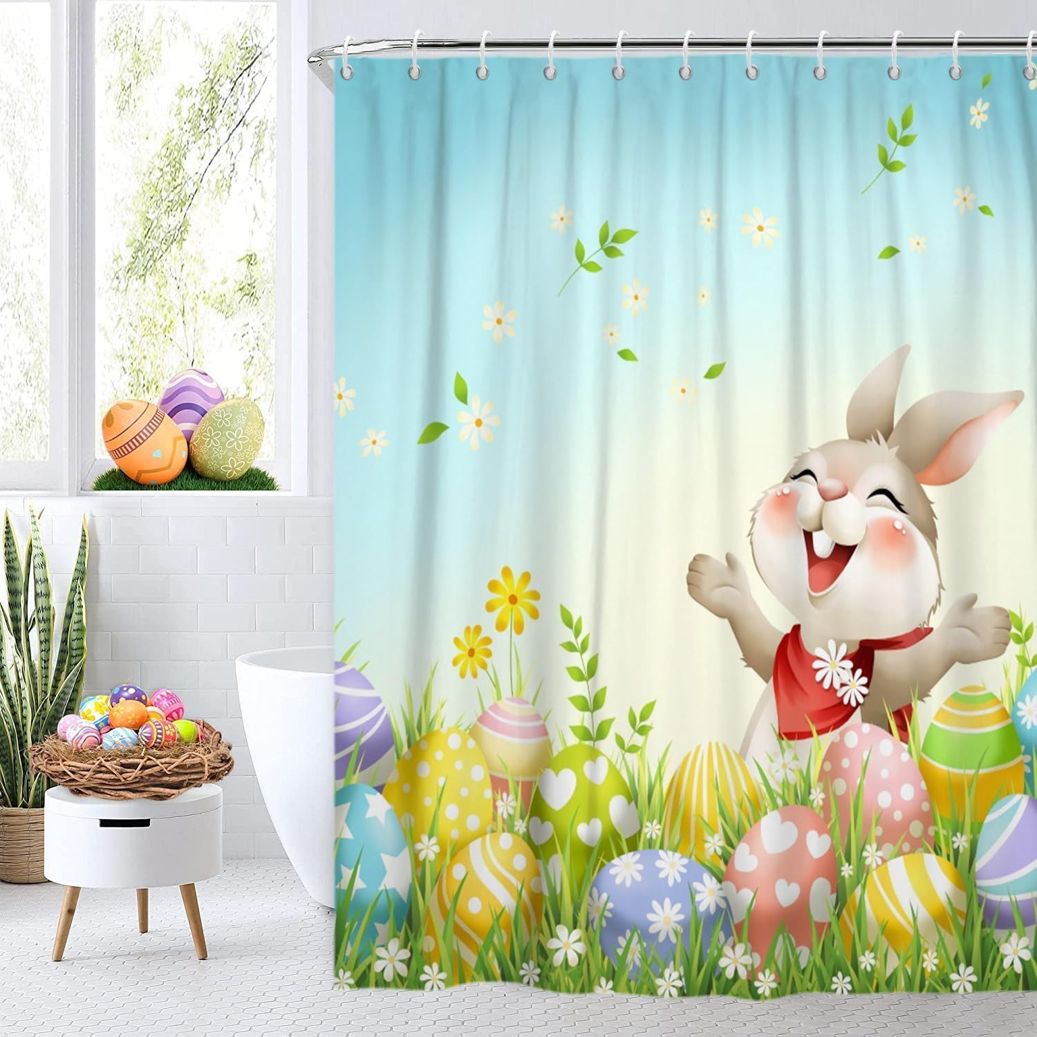 Happy Easter Shower Curtain, Funny Rabbit Spring Flowers Colorful ...