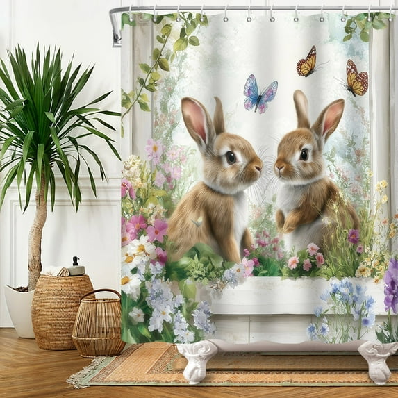 Happy Easter Shower Curtain Spring Easter Bunny Eggs with Floral Bath ...