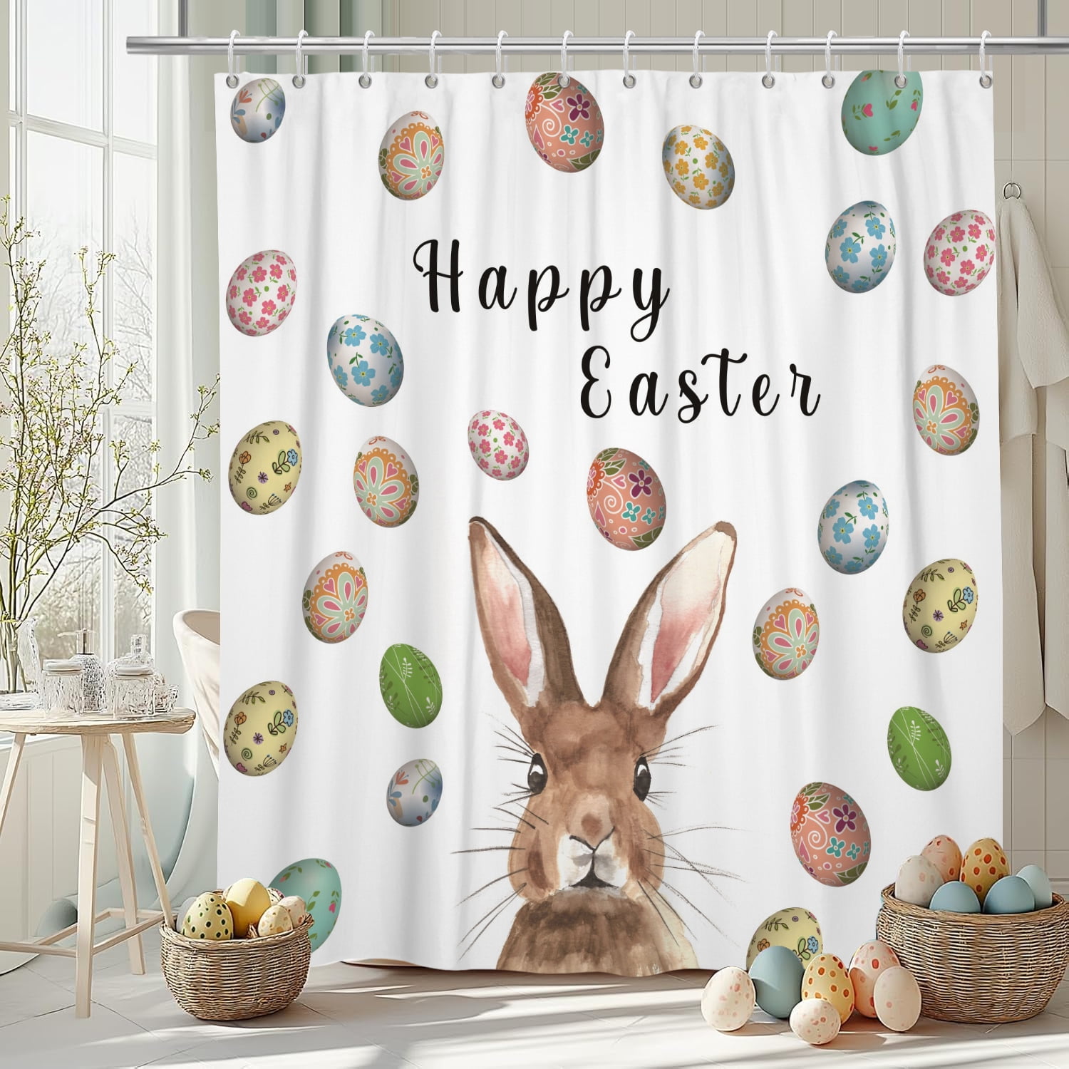 Happy Easter Shower Curtain,Spring Easter Bunny Waterproof Fabric ...