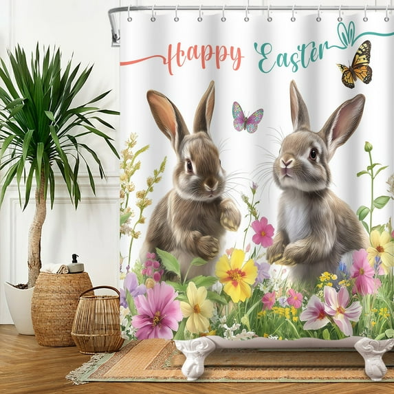 Happy Easter Shower Curtain Spring Easter Bunny and Eggs Bath Curtain ...
