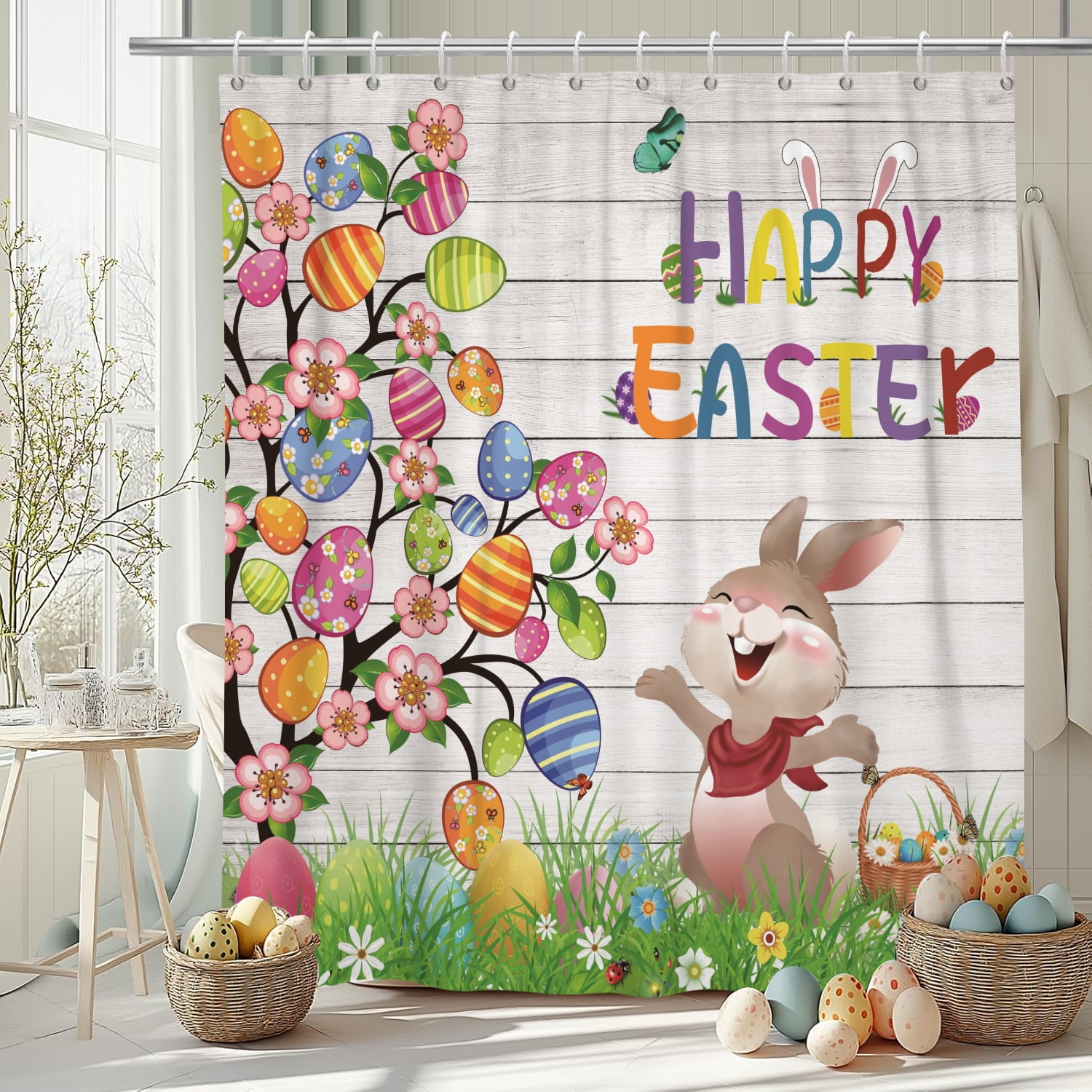 Happy Easter Shower Curtain,Spring Holidy Fabric Bathroom Curtain with ...
