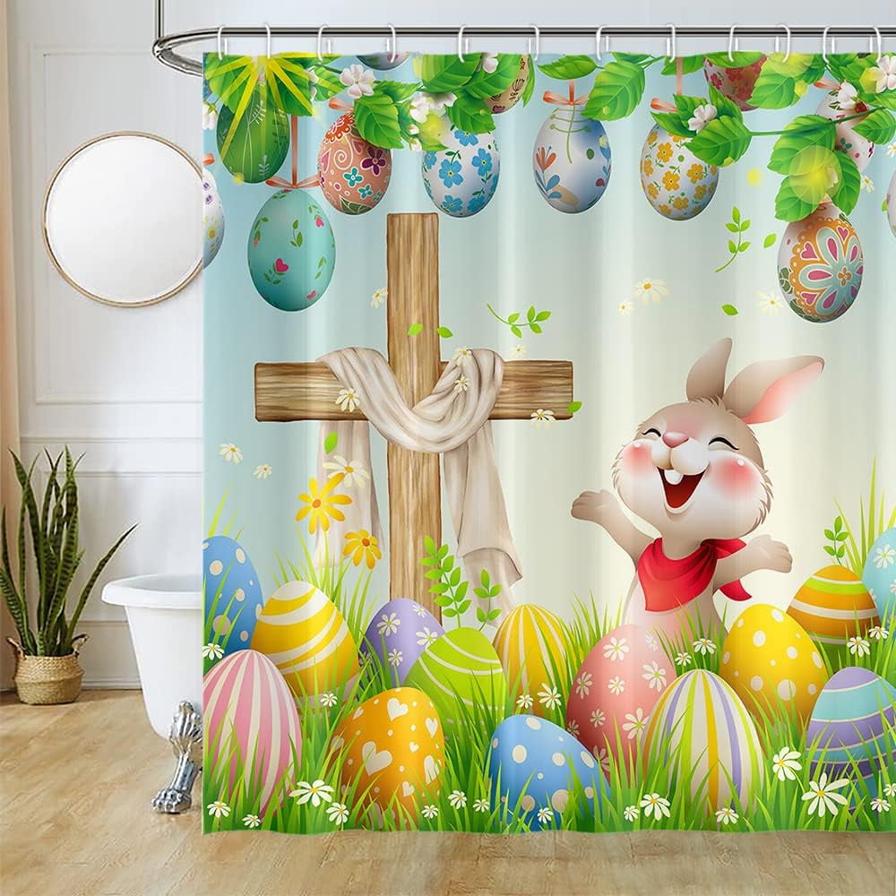 Happy Easter Shower Curtain Wood Cross Cute Rabbit Colorful Eggs Spring ...