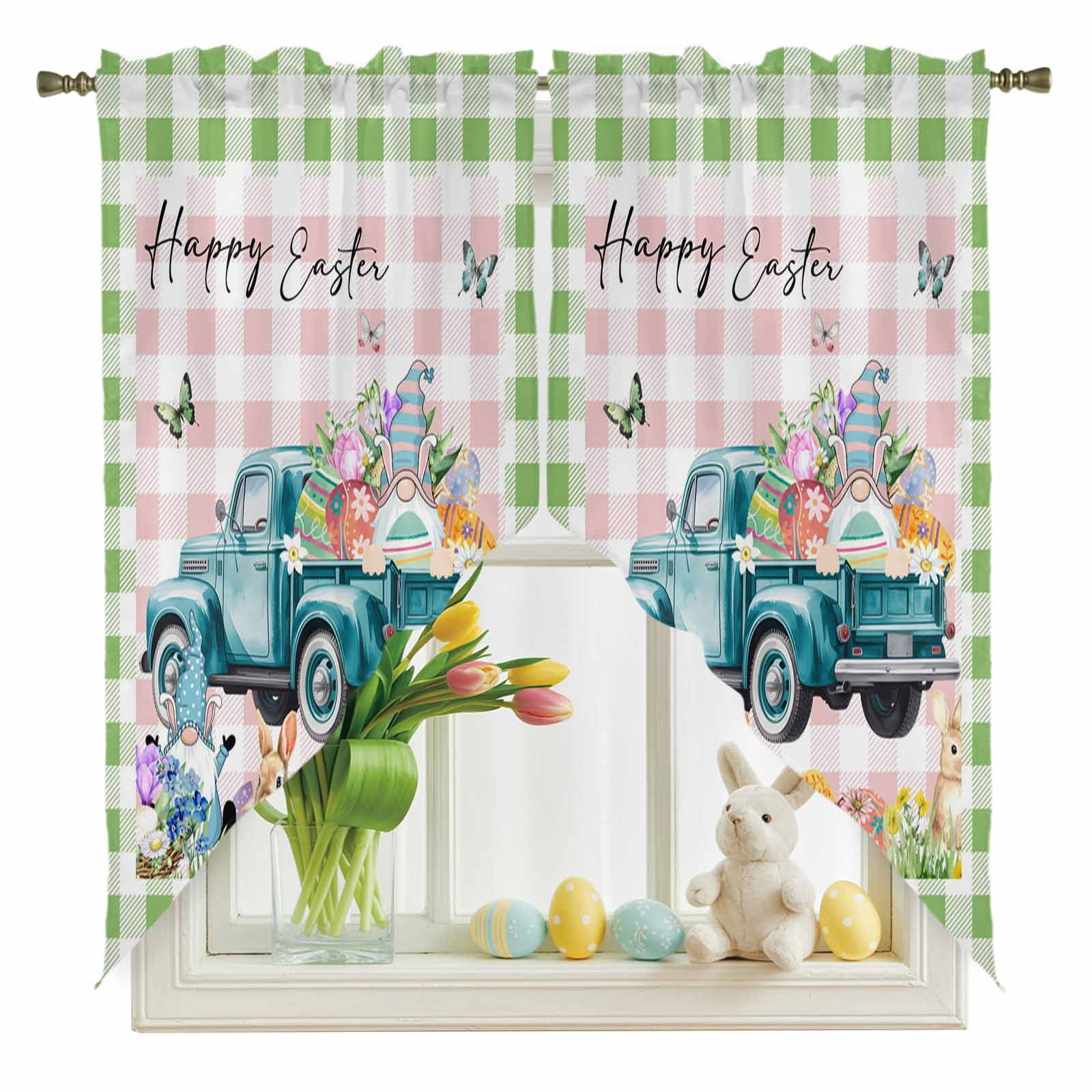 Happy Easter Swag Valance Curtains Blue Truck Gnome Easter Eggs Bunny ...