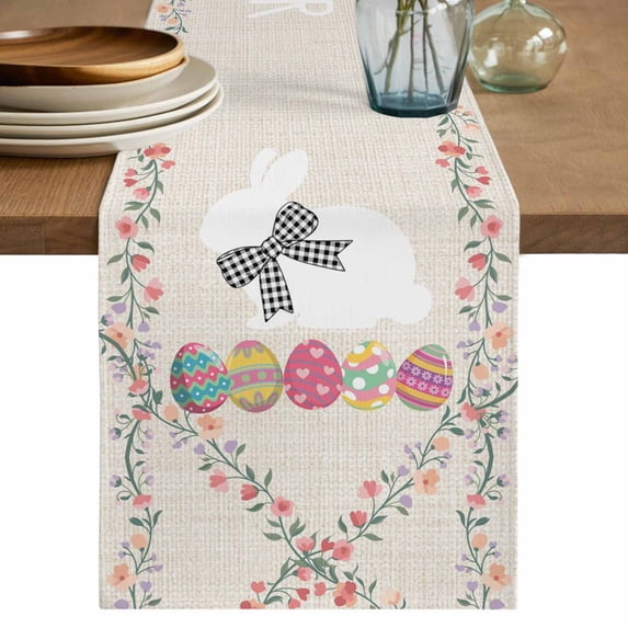 Happy Easter Table Runner 72 Inches, Bow Bunny Colorful Eggs Flowers ...