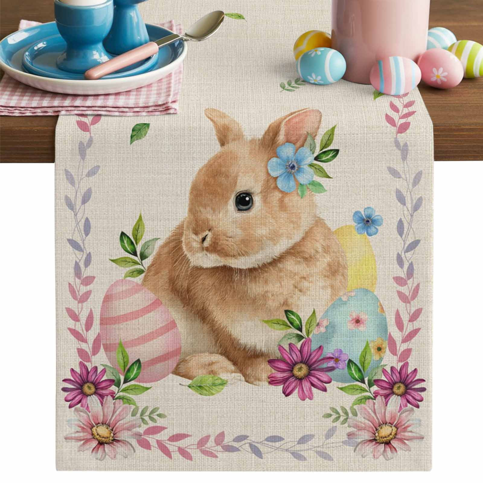 Happy Easter Table Runner, Pink Daisy Blue Flower Yellow Egg Linen ...