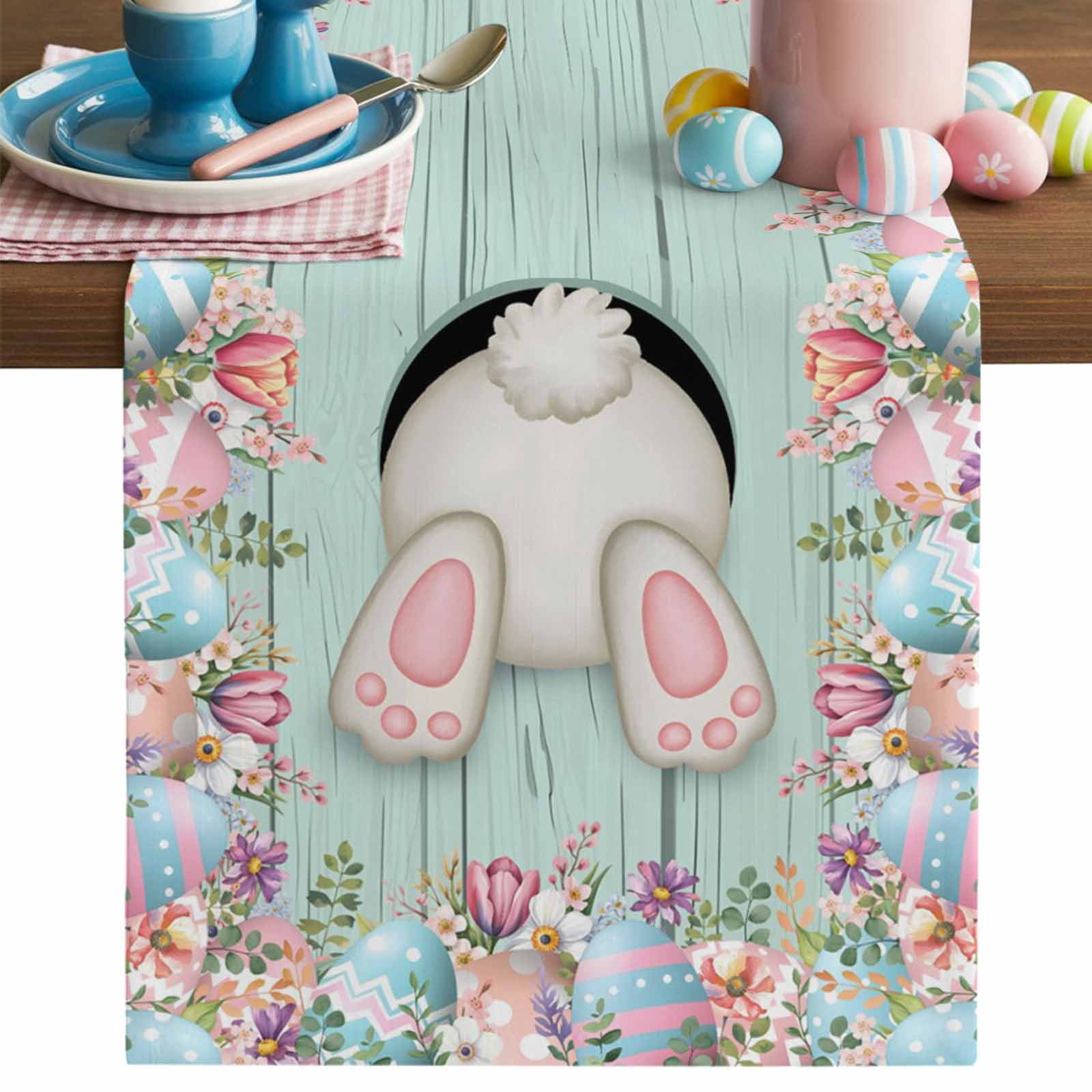 Happy Easter Table Runner, White Rabbit Tail Pink Blue Eggs Floral Leaf ...
