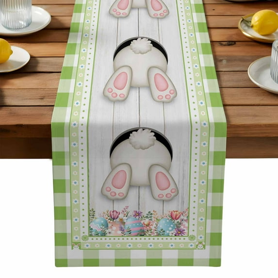 Happy Easter Table Runner, White Rabbit Tail Pink Blue Eggs Floral Wood ...