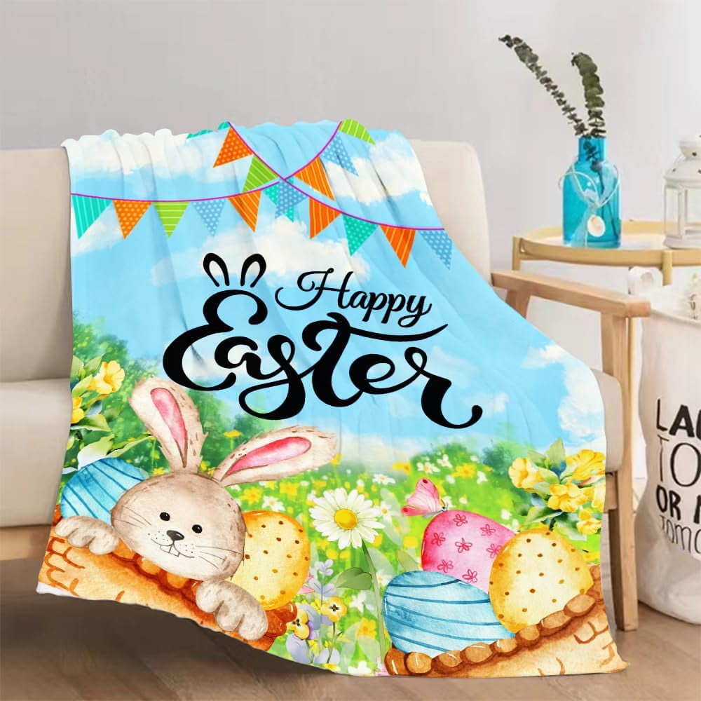 Happy Easter Throw Blanket Medium Size Rabbit Easter Egg Bunny Blanket ...