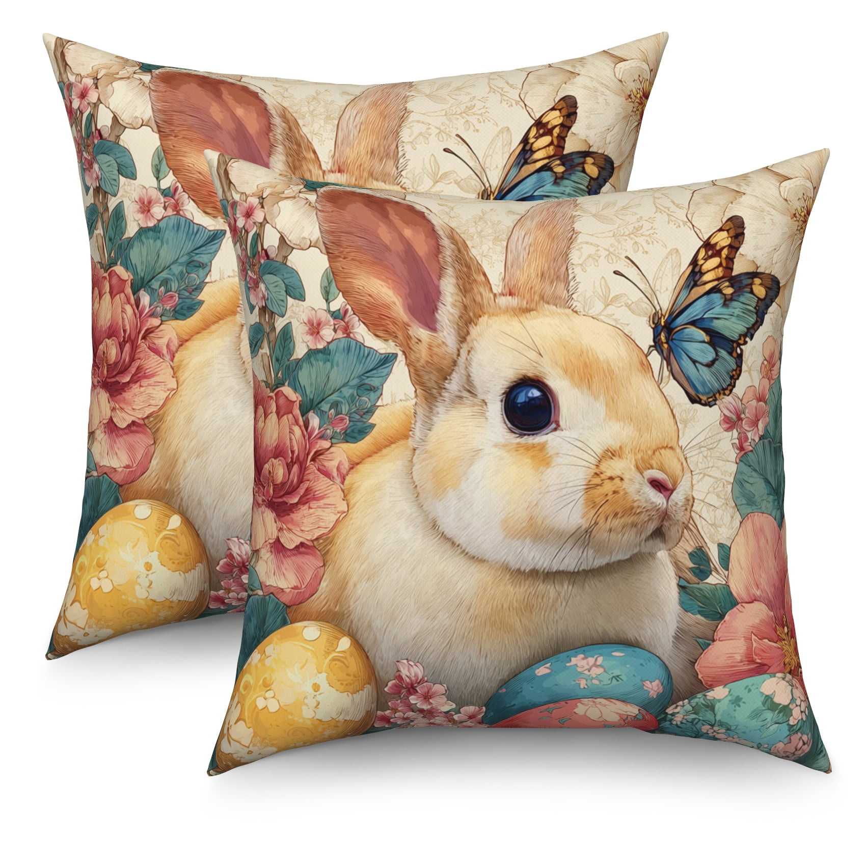 Happy Easter Throw Pillow Covers 18x18 Set of 2,Cute Bunny Eggs Flowers ...