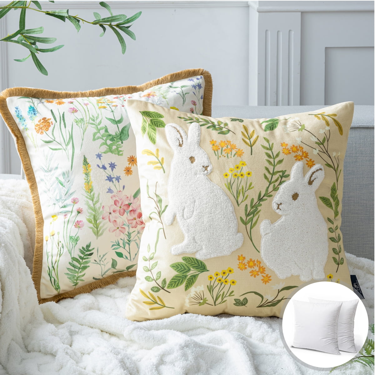 Happy Easter Throw Pillow Tassel Trimmed Printed Colorful Flowers and ...