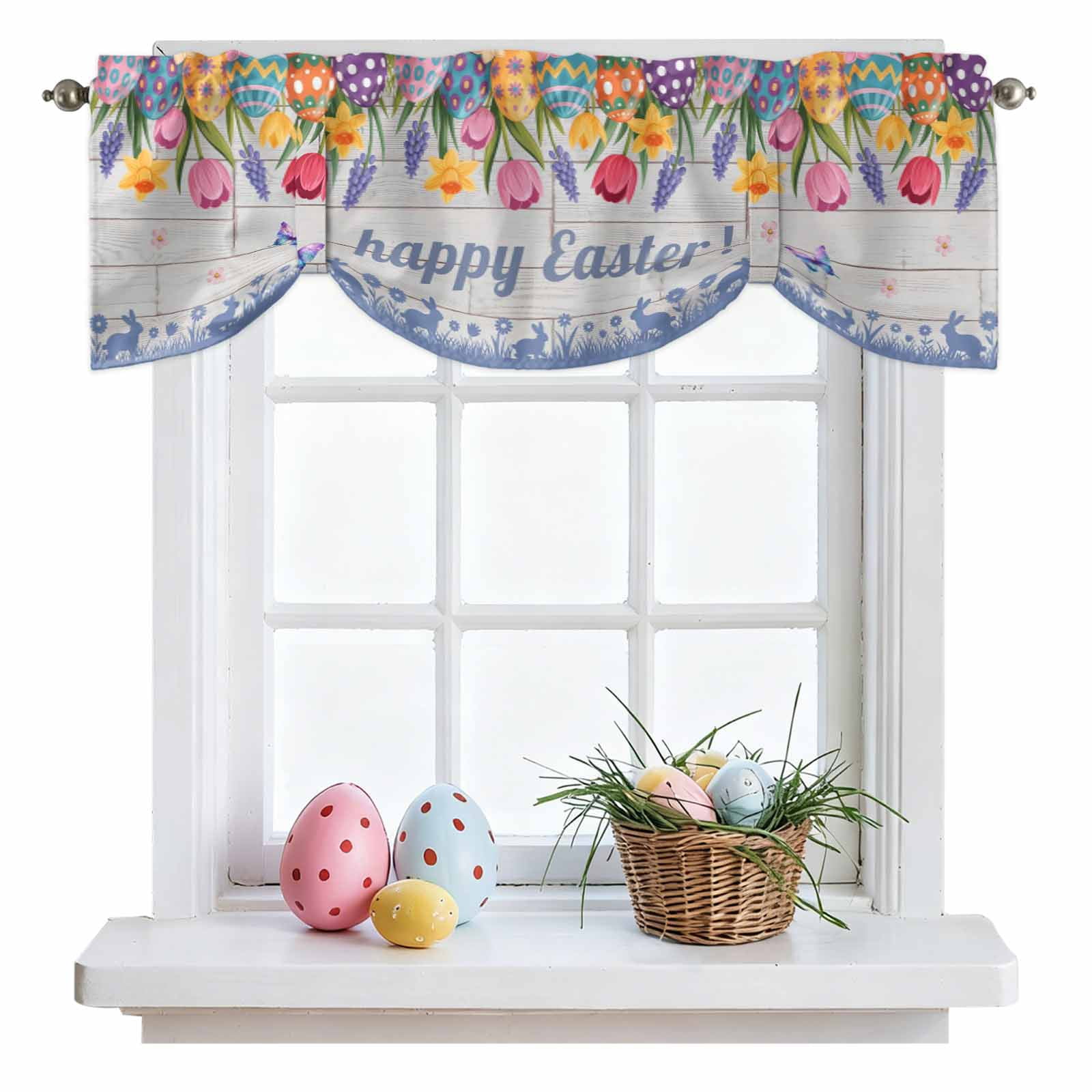 Happy Easter Tie Up Valances Curtain, Spring Floral Eggs Butterfly ...