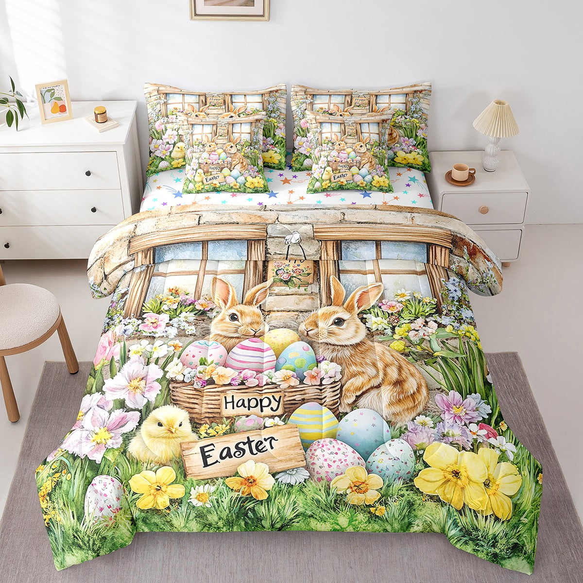 Happy Easter Twin Bedding Set 7 Pieces,Cute Rabbit Garden Watercolor ...