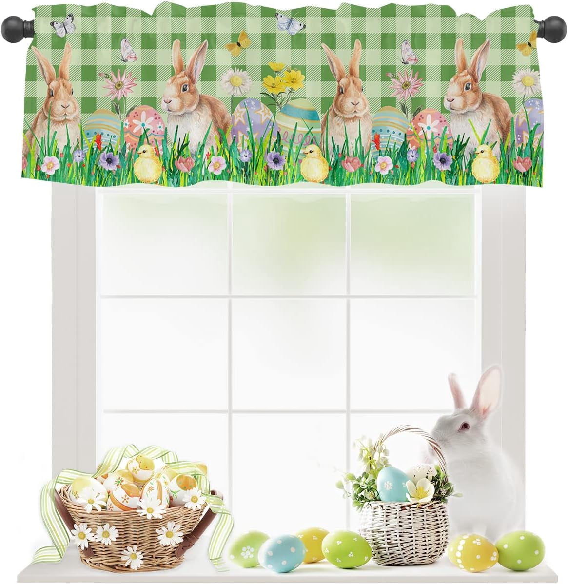 Happy Easter Valance Curtain for Kitchen Windows Lively Cute Bunny ...