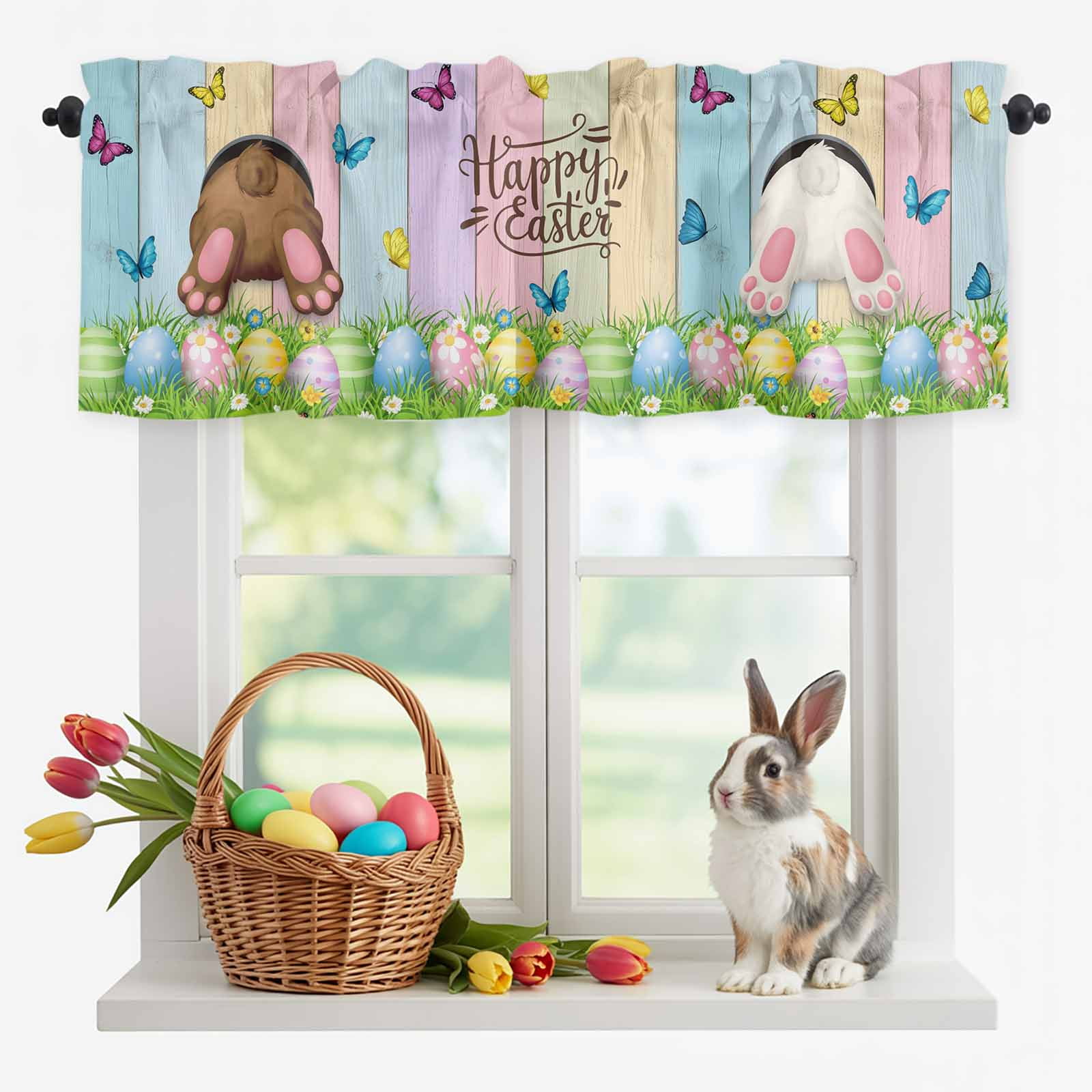 Happy Easter Valances for Windows, Brown White Bunny Tails Easter Eggs ...