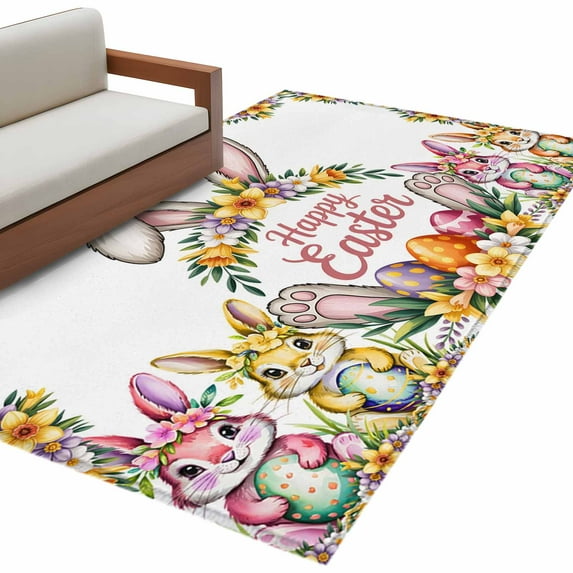 Happy Easter Washable Area Rug 2.7 x 5 ft Spring Watercolor Rabbits ...