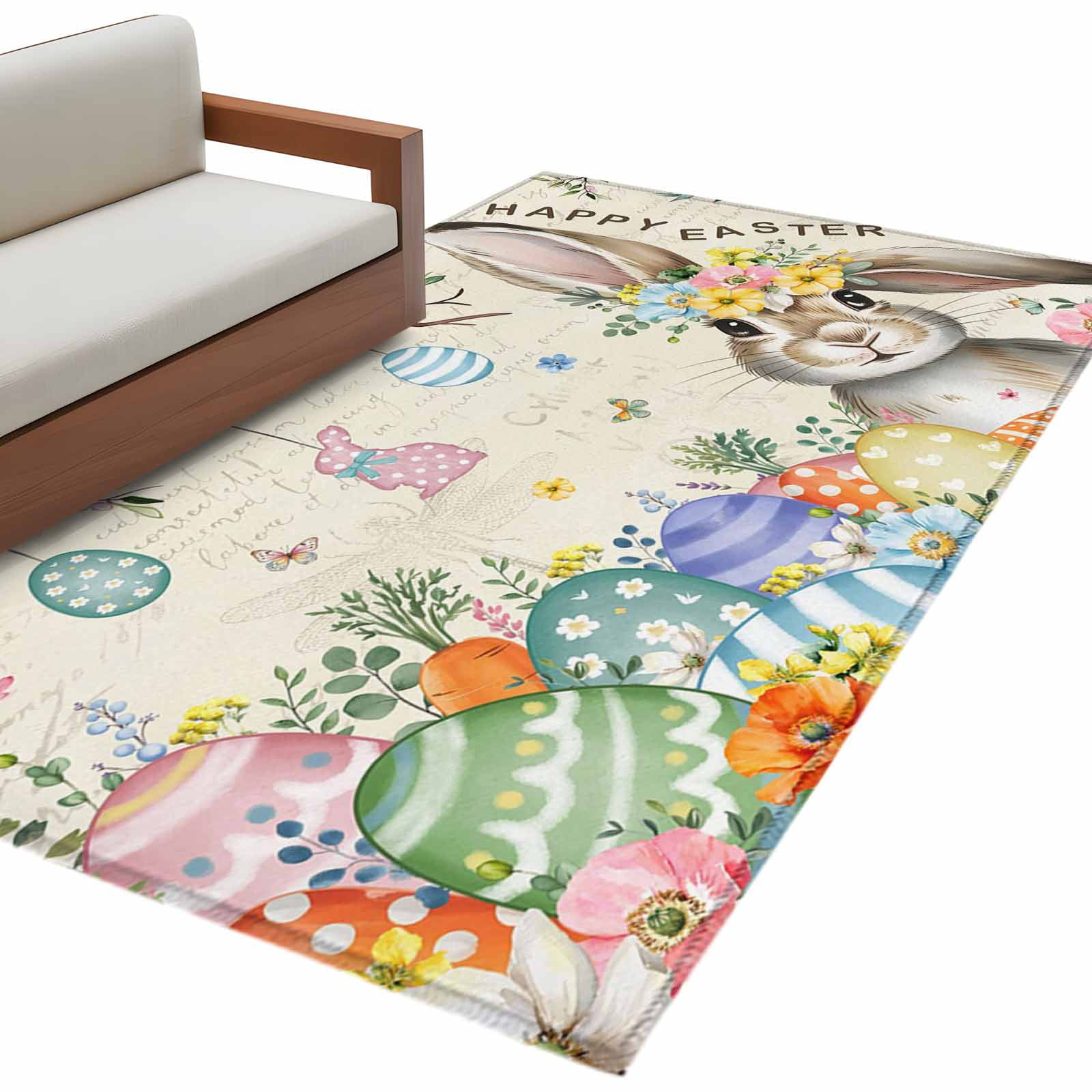 Happy Easter Washable Area Rug 3 x 5 ft Gray Bunny Easter Egg Flower ...