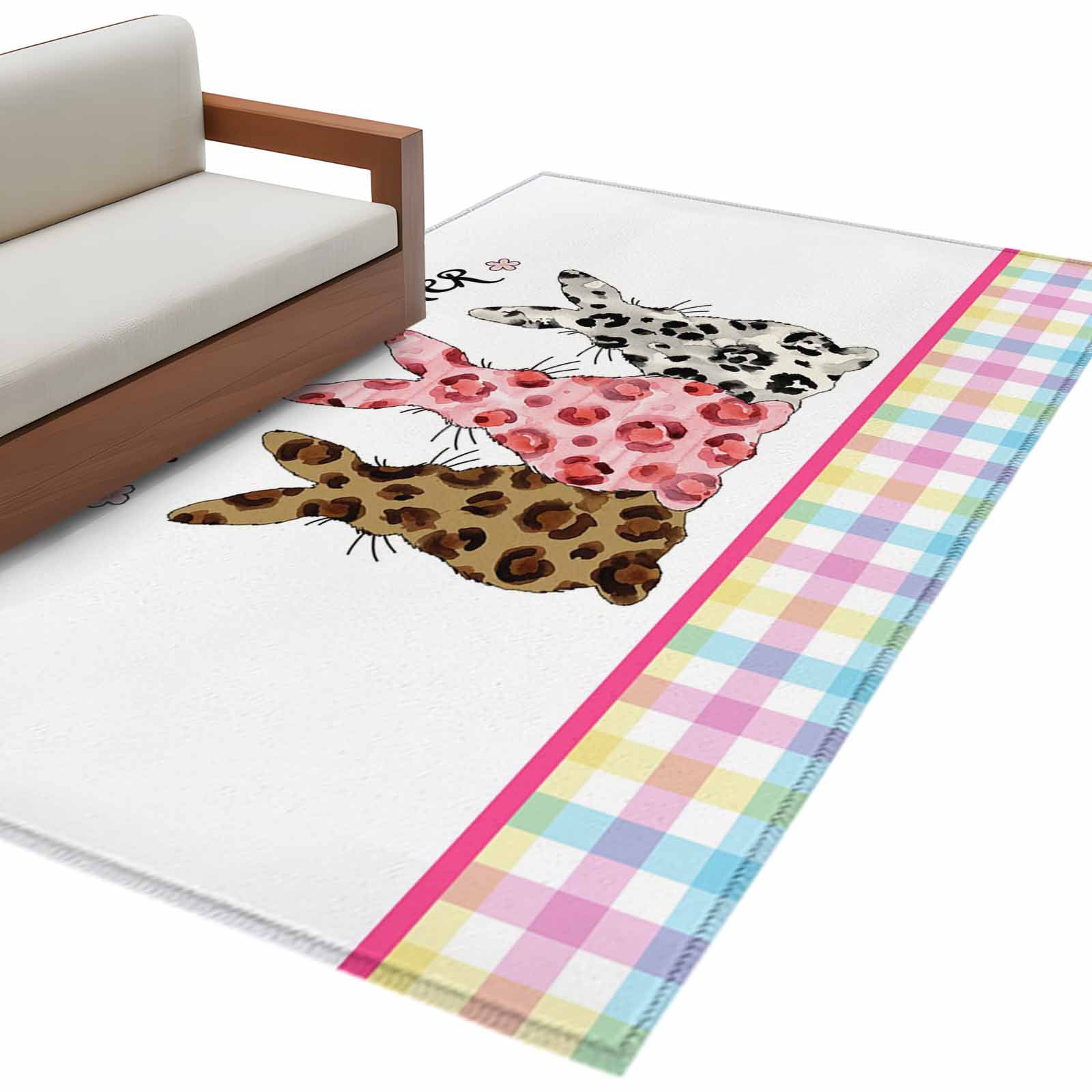 Happy Easter Washable Area Rug 4 x 6 ft Brown Pink Gray Leopard Bunny ...