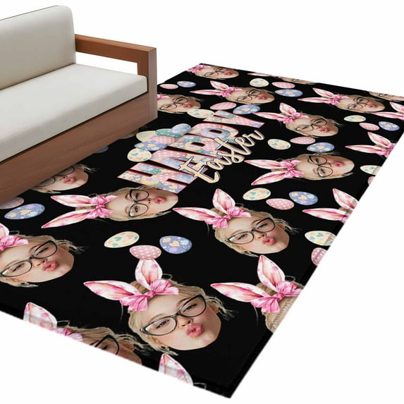 Happy Easter Washable Area Rug 4 x 6 ft Cute Rabbit Ears Face Pink ...