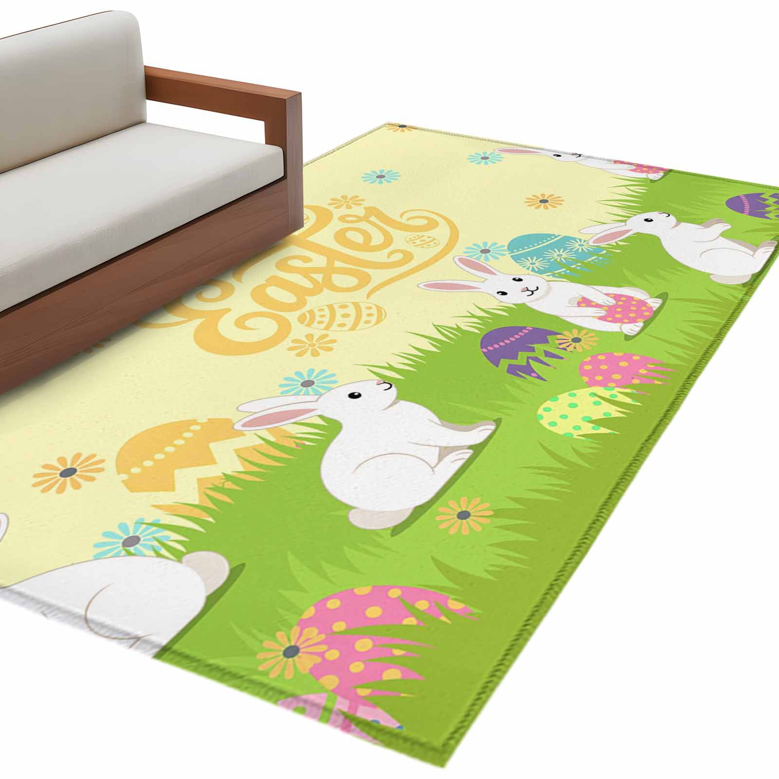 Happy Easter Washable Area Rug 4 x 6 ft Easter Rabbits Eggs Floral ...