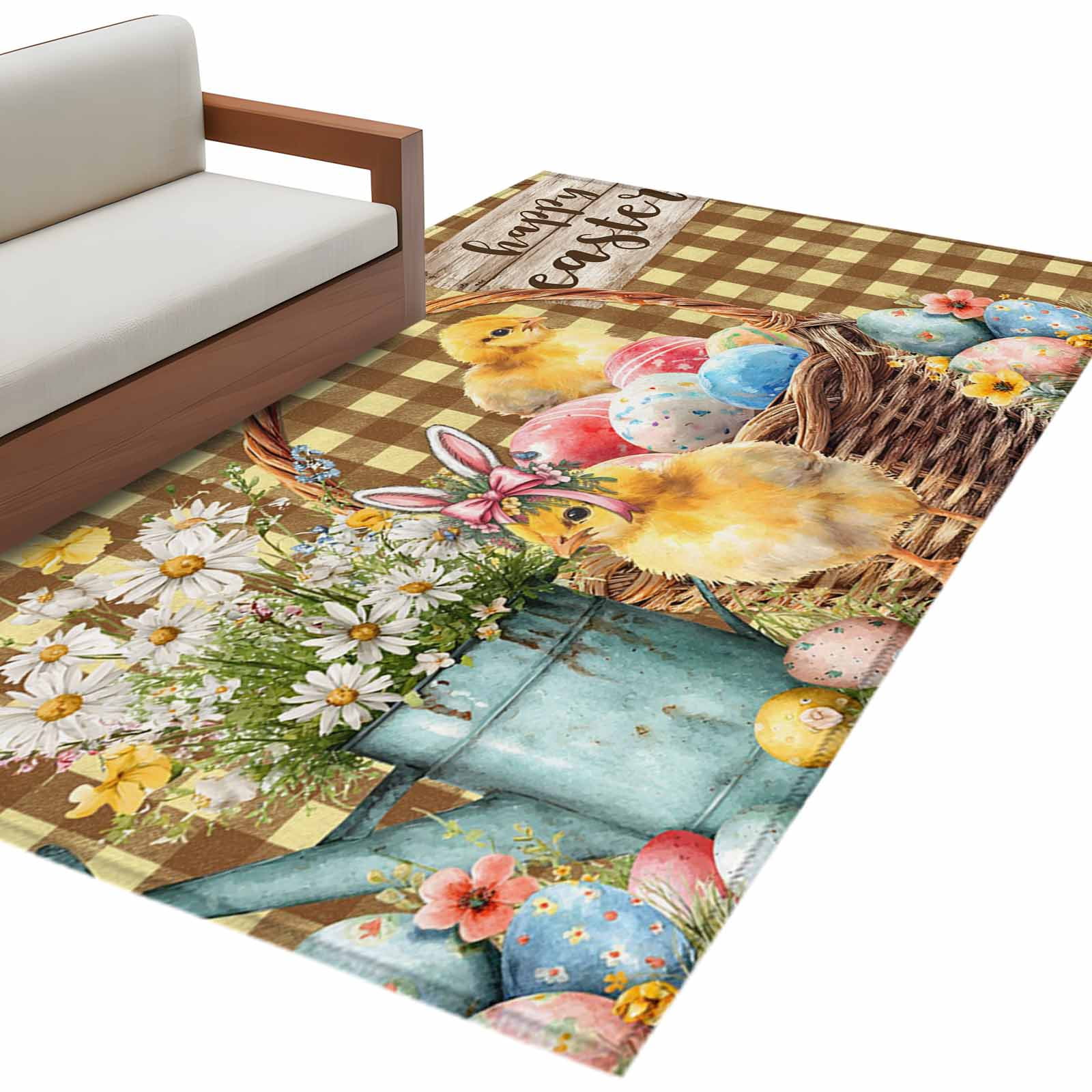 Happy Easter Washable Area Rug 4 x 6 ft Spring Basket Eggs Chicken ...