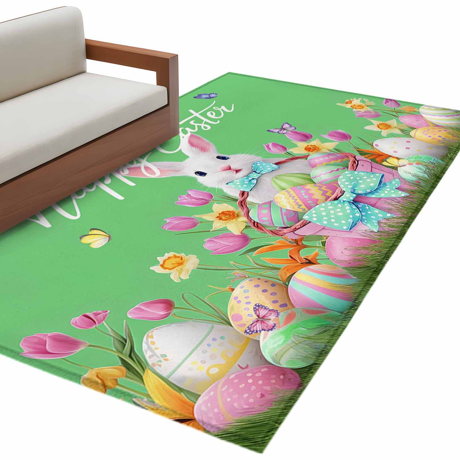 Happy Easter Washable Area Rug 4 x 6 ft Spring Basket Eggs Rabbit ...