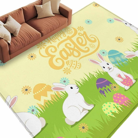 Happy Easter Washable Area Rug 5 x 7 ft Easter Rabbits Eggs Floral ...