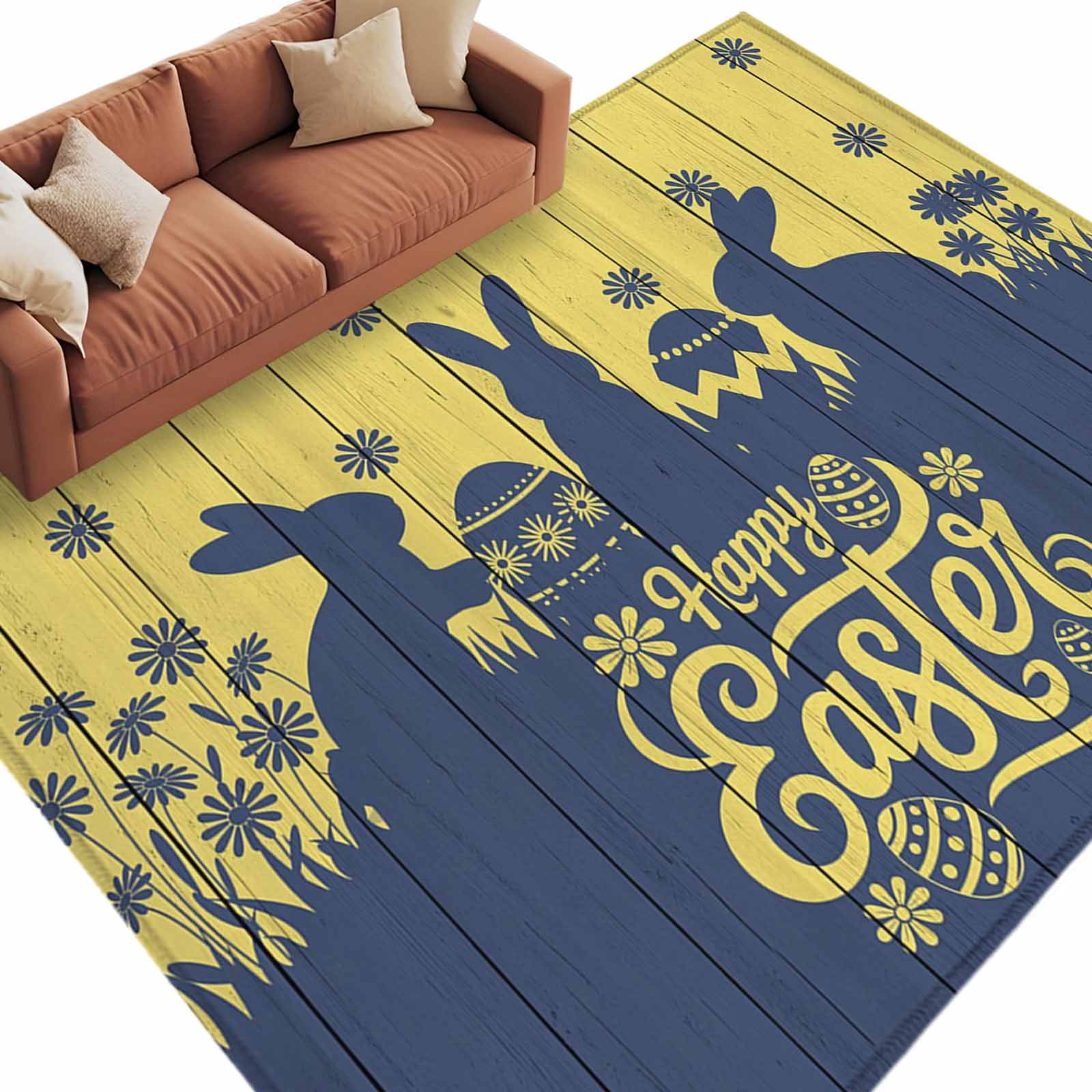 Happy Easter Washable Area Rug 5 x 8 ft Blue Rabbits Silhouette Eggs ...