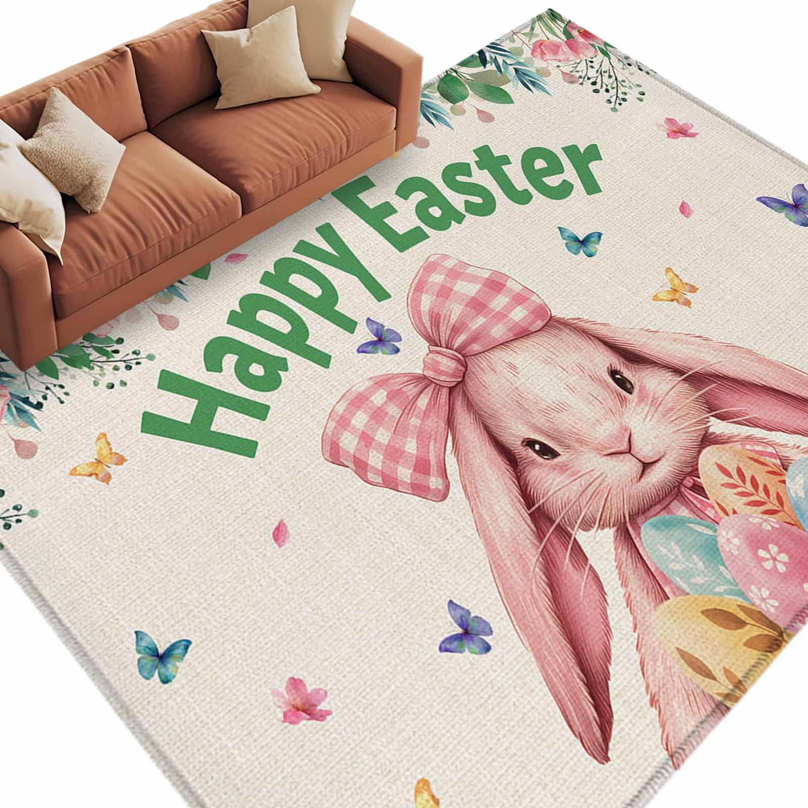 Happy Easter Washable Area Rug 5 x 8 ft Cute Pink Rabbit Easter Egg ...