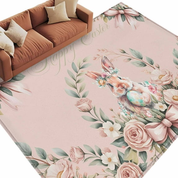 Happy Easter Washable Area Rug 5 x 8 ft Easter Rabbit Pink Floral Leaf ...