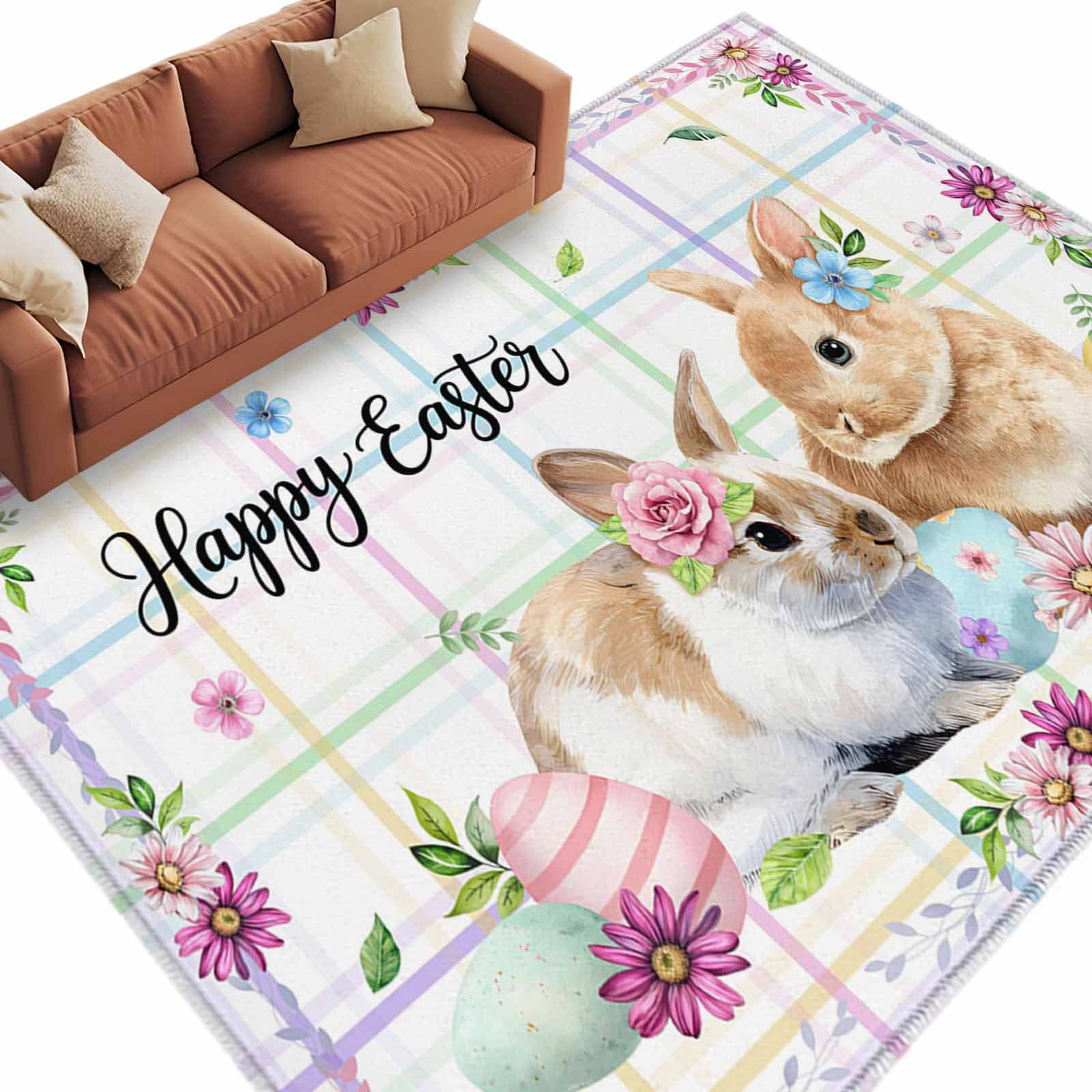 Happy Easter Washable Area Rug 5 x 8 ft Pink Daisy Blue Flower Yellow ...