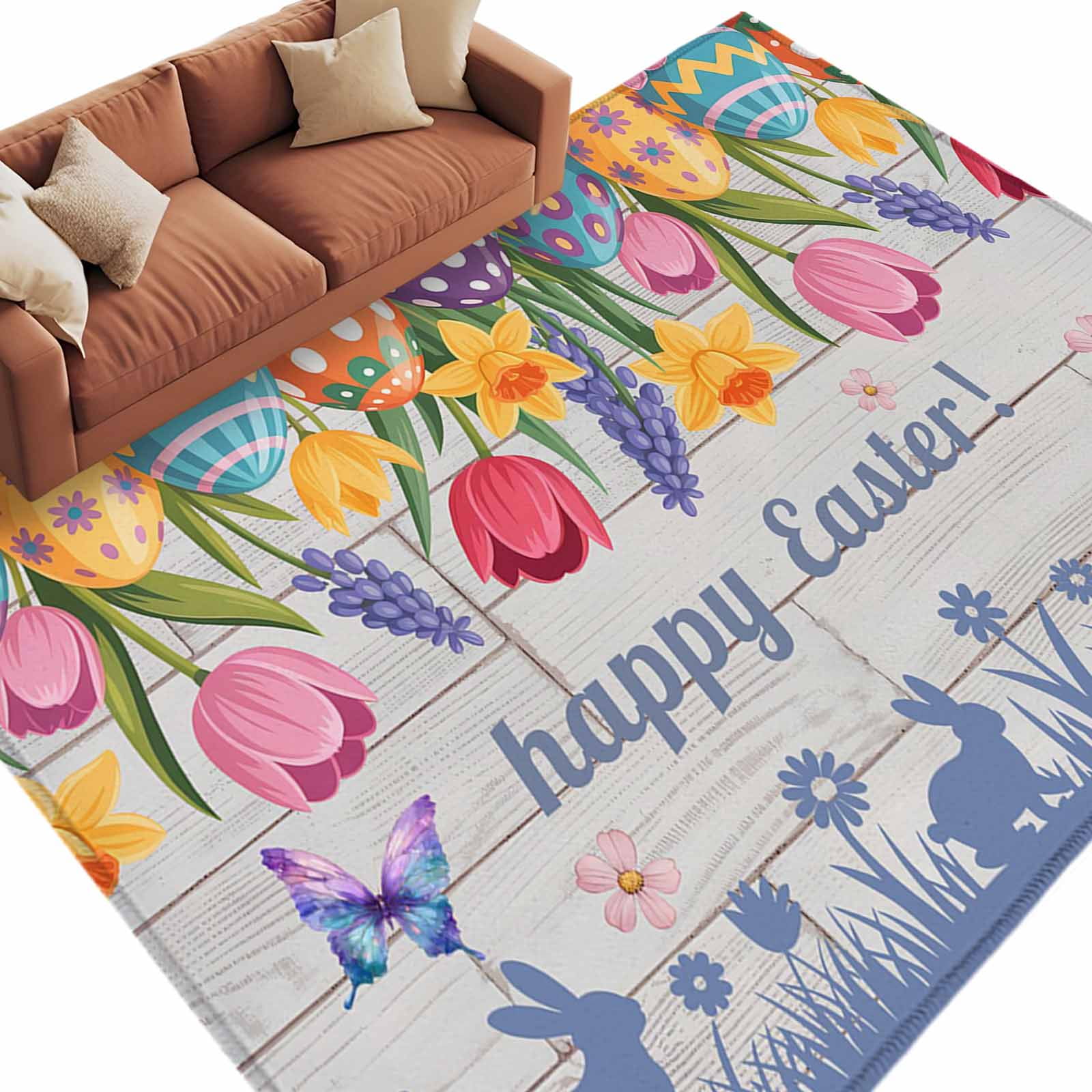 Happy Easter Washable Area Rug 5 x 8 ft Spring Floral Eggs Butterfly ...